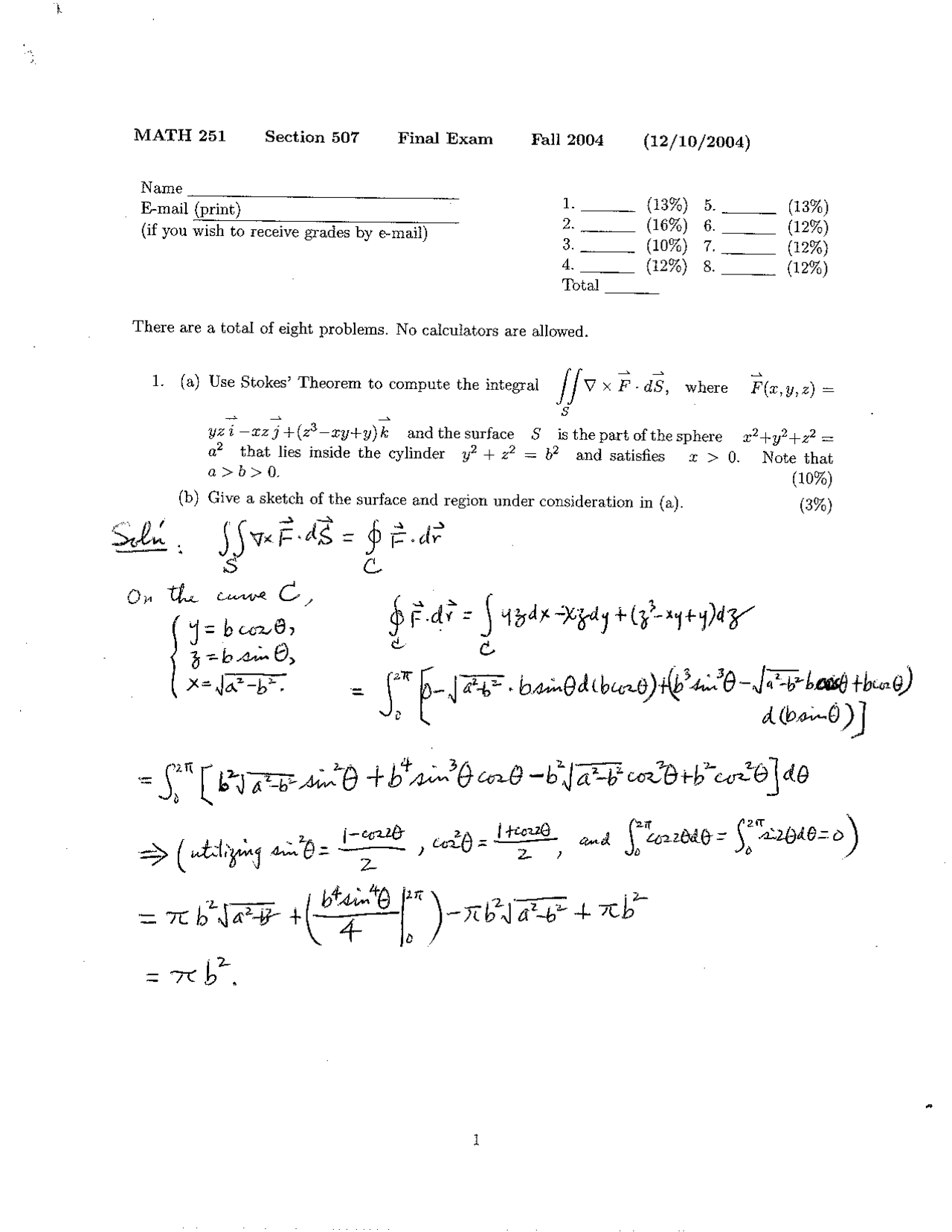 Final Exam With Solution Engineering Mathematics Iii Math 251 Docsity