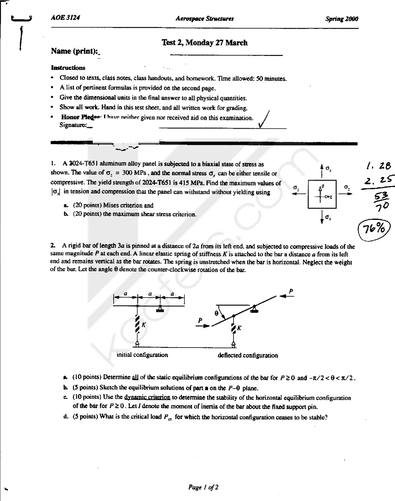 Test Ii With Answers Aerospace Structures Spring 2000 Aoe 3124