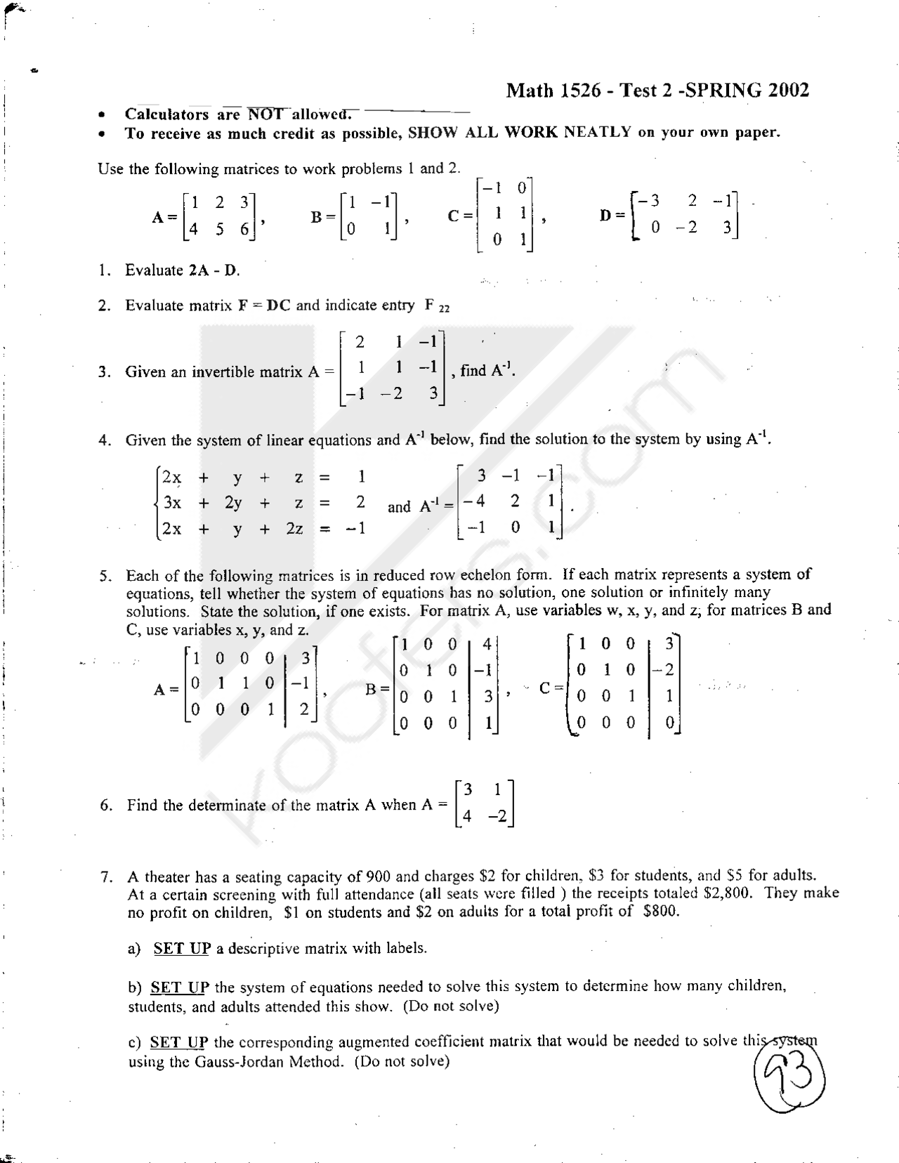 Test 2 With Solution Calculus With Matrices Math 1526 Docsity