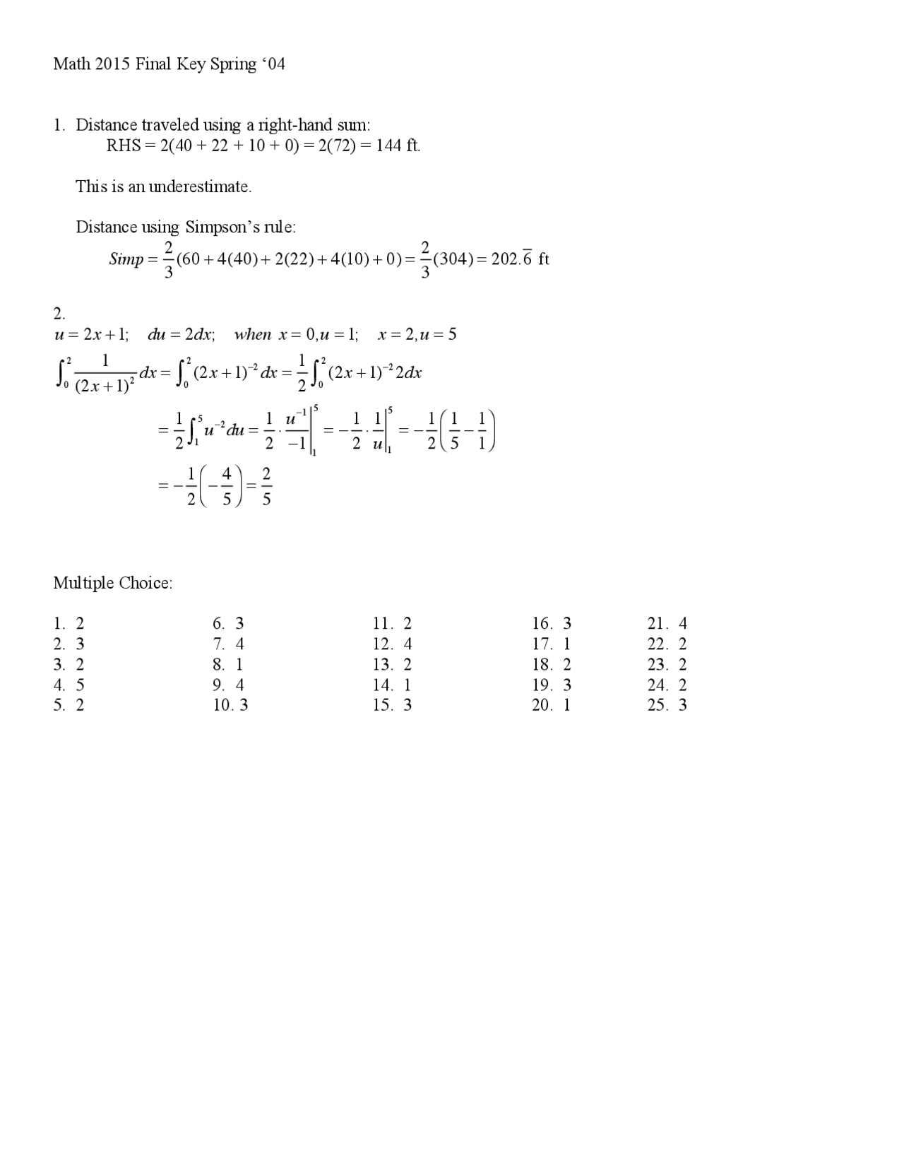 Math 2015 Final Key: Distance Calculation & Multiple Choice Solutions ...