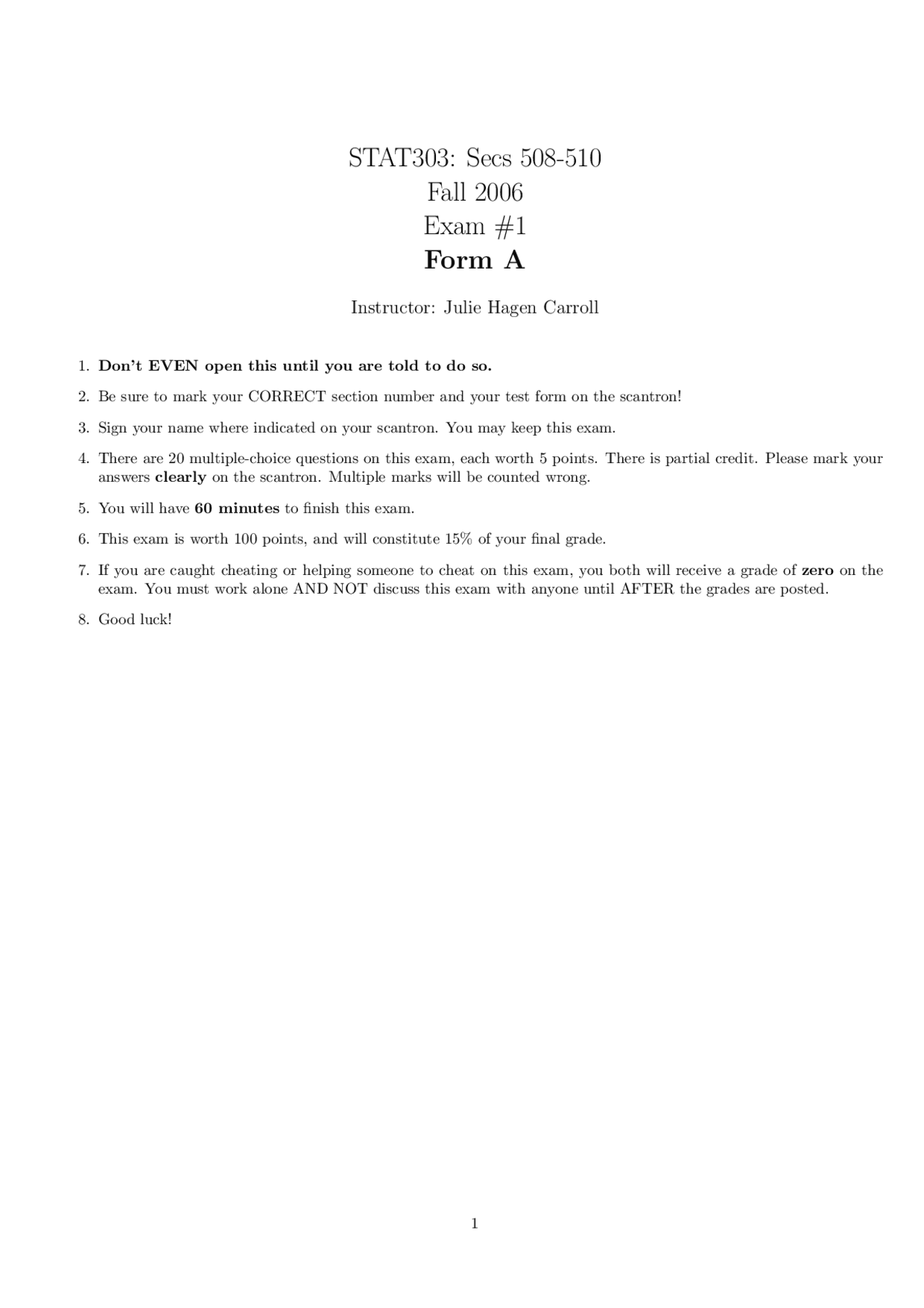 Exam 2 Sample Questions Statistical Methods Stat 303 Exams Data