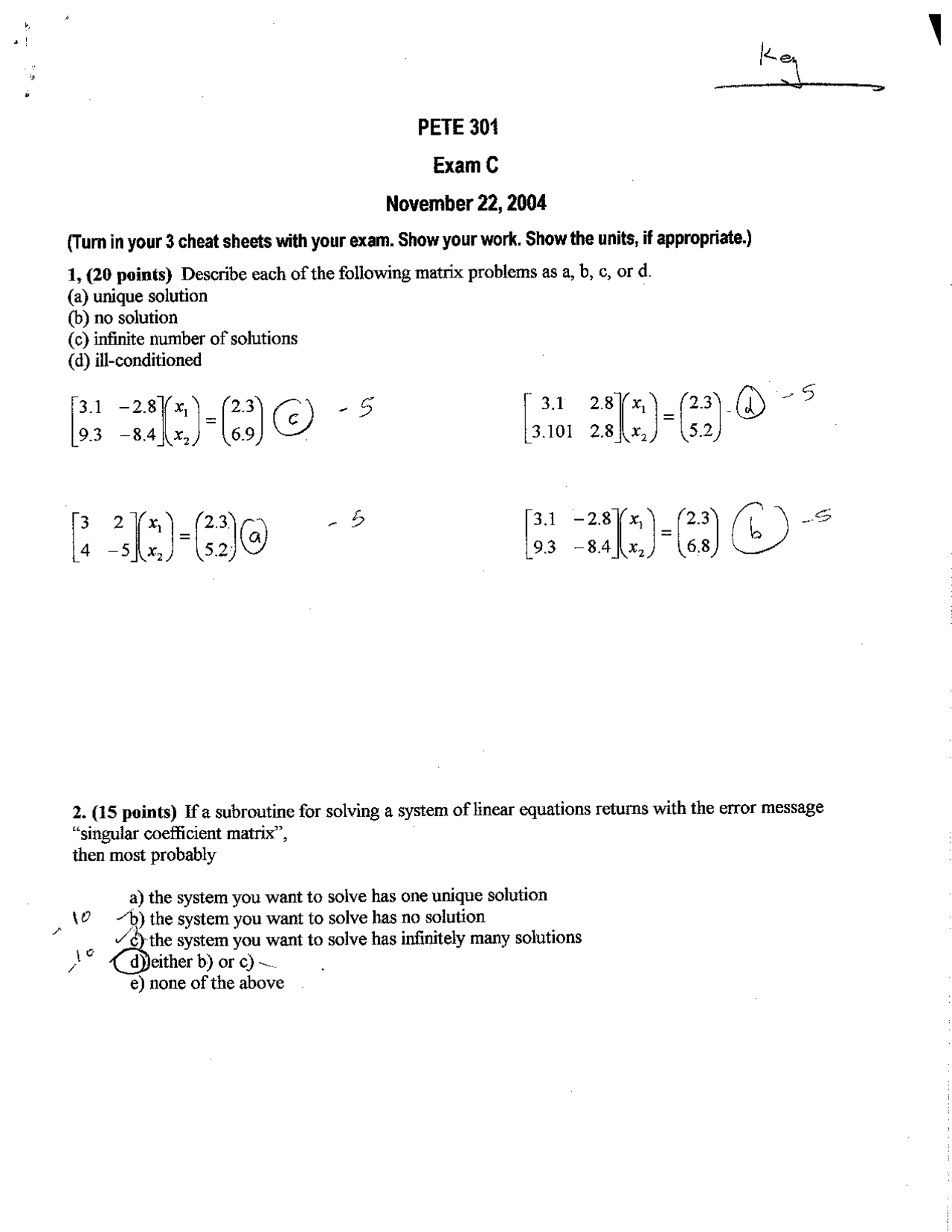 Examination 3 on Pete Numerical Methods - Fall 2004 | PETE 301 | Exams Engineering | Docsity