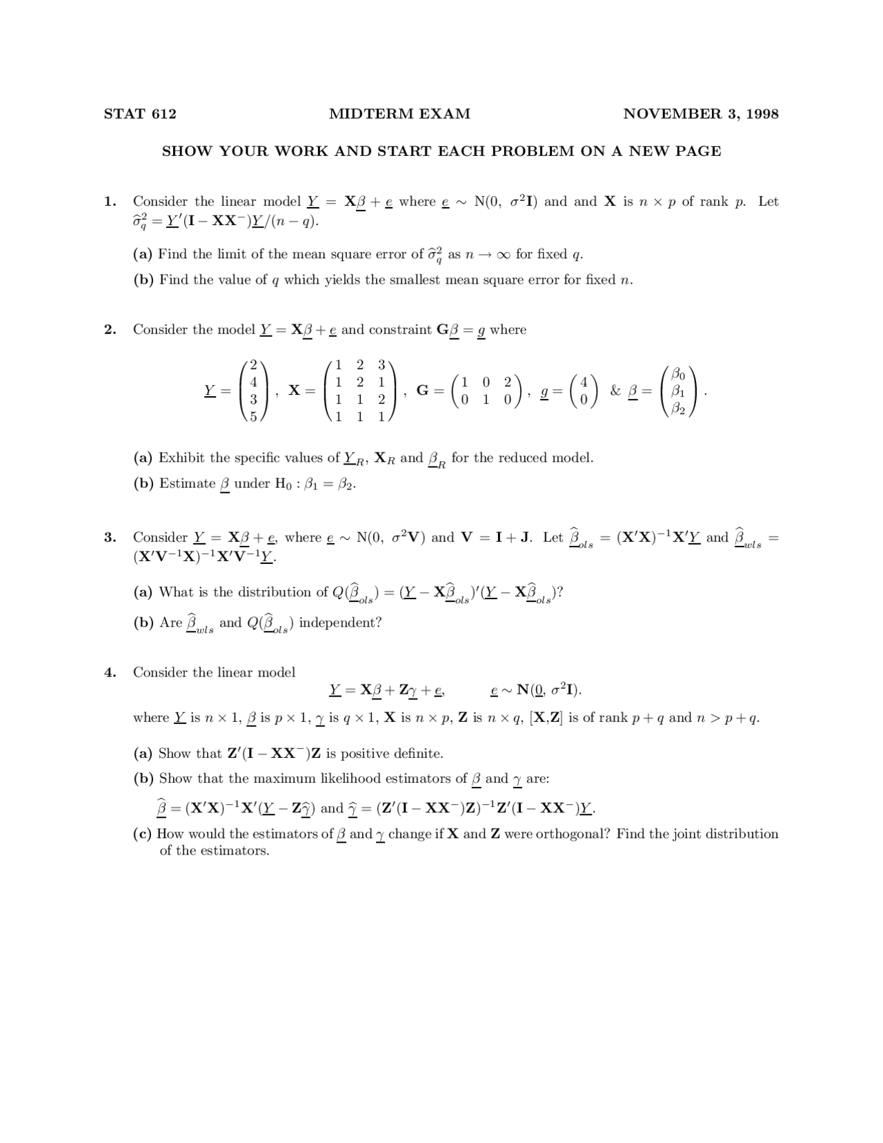 Midterm Exam Theory Of Linear Models Fall 1998 Stat 612 Docsity