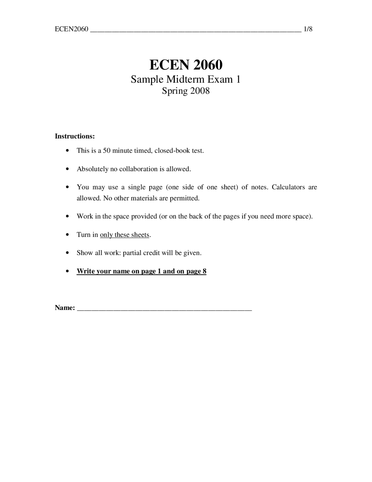 Sample Midterm Exam 1 Special Topics Ecen 2060 Docsity