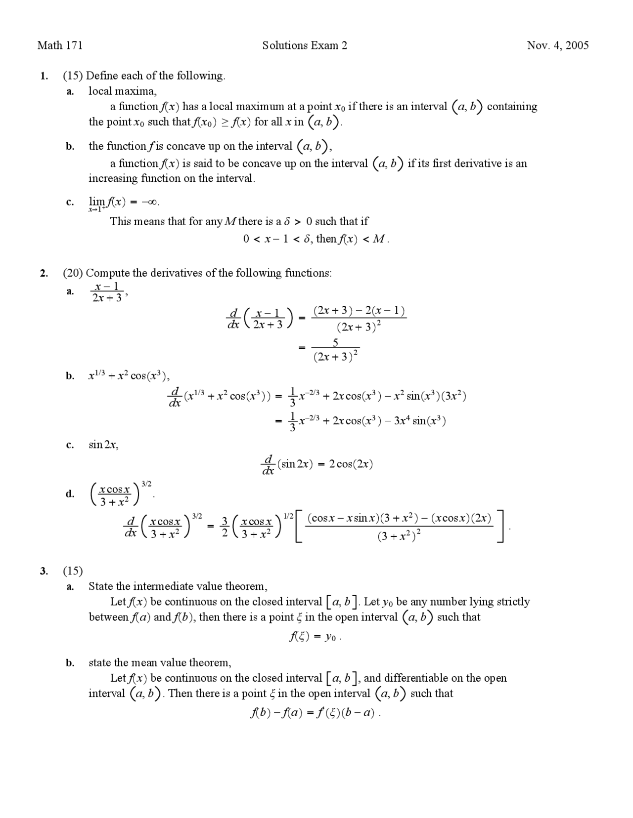 Solutions Exam 2 Honor Calculus And Analytic Geometry Math 171
