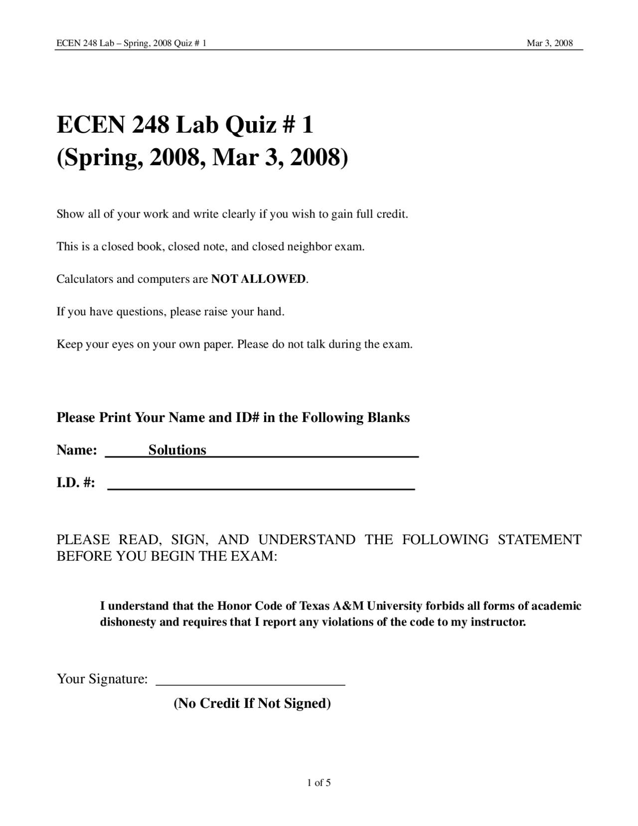 Lab Quiz 1 For Introduction To Digital System Design Ecen 248 Docsity