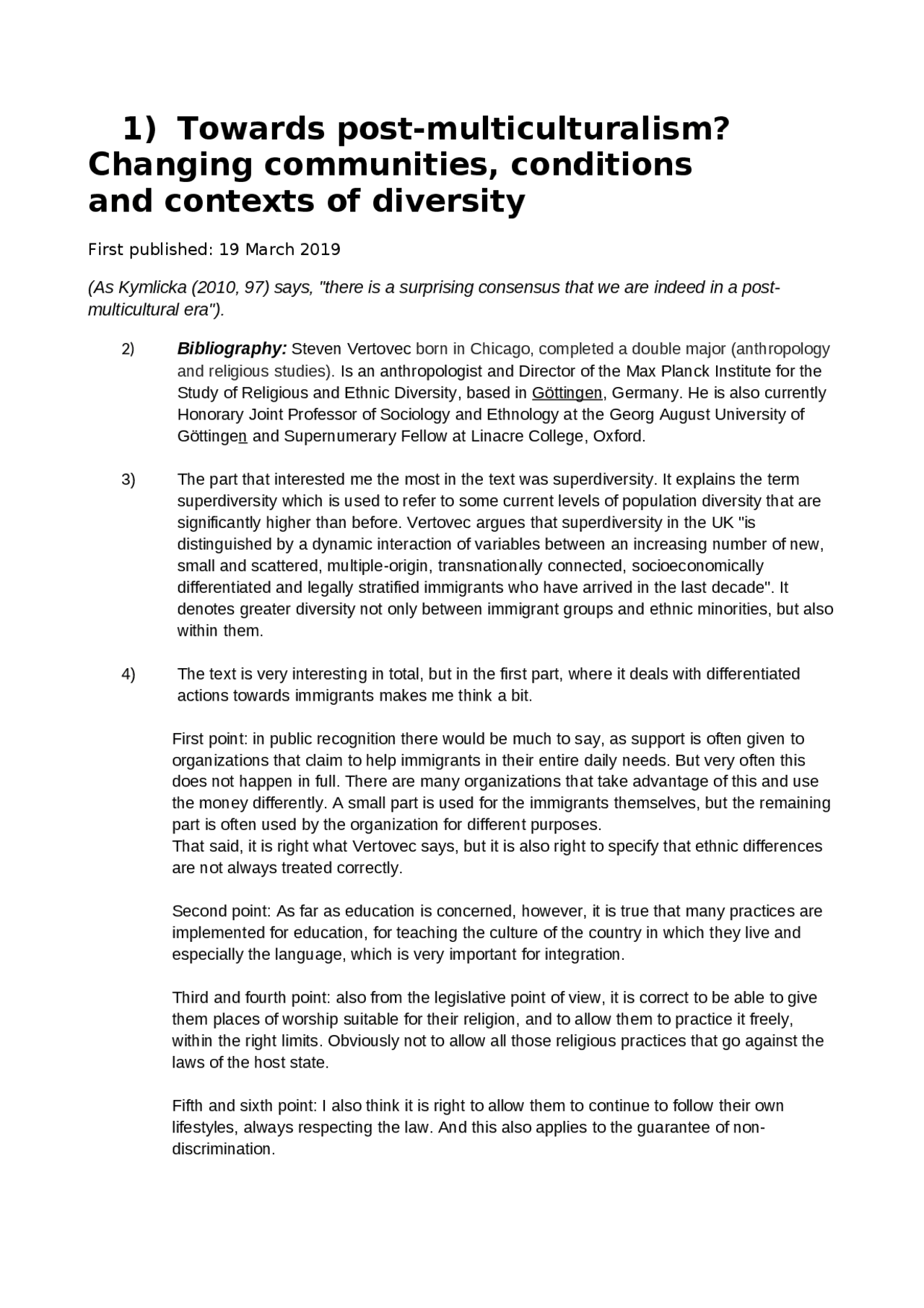 Vertovec: Post-Multiculturalismo - Docsity