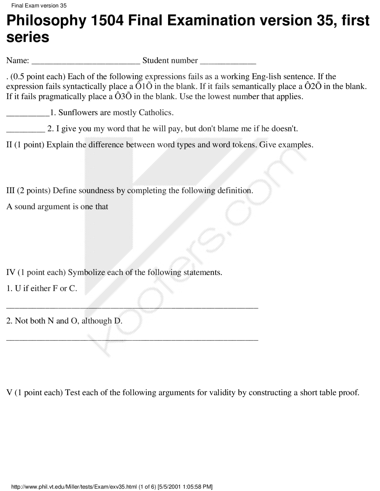 Final Exam Philosophy Language And Logic Phil 1504 Docsity