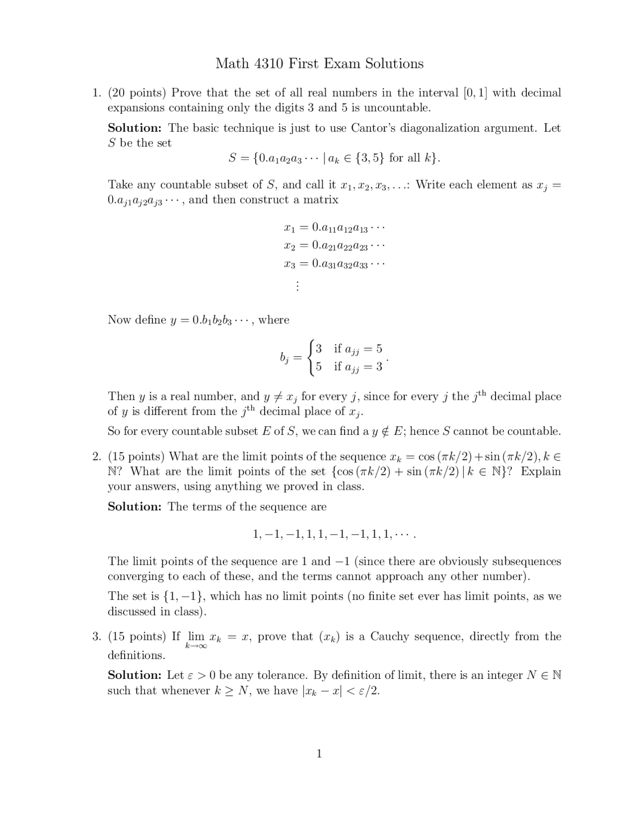 Old First Exam With Solutions Introduction To Analysis Math 4310