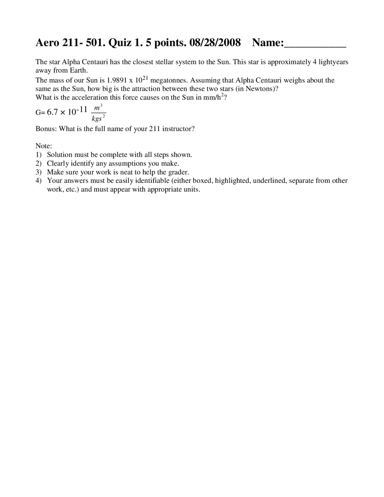 Aerospace Engineering Mechanics - Quiz 1 Questions | AERO 211 - Docsity