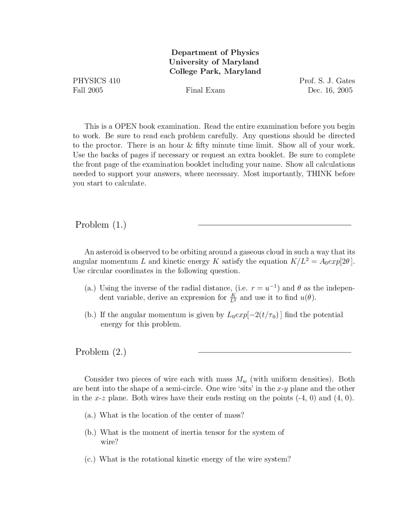 Final Exam Problems - Classical Mechanics | PHYS 410 | Exams Mechanics | Docsity