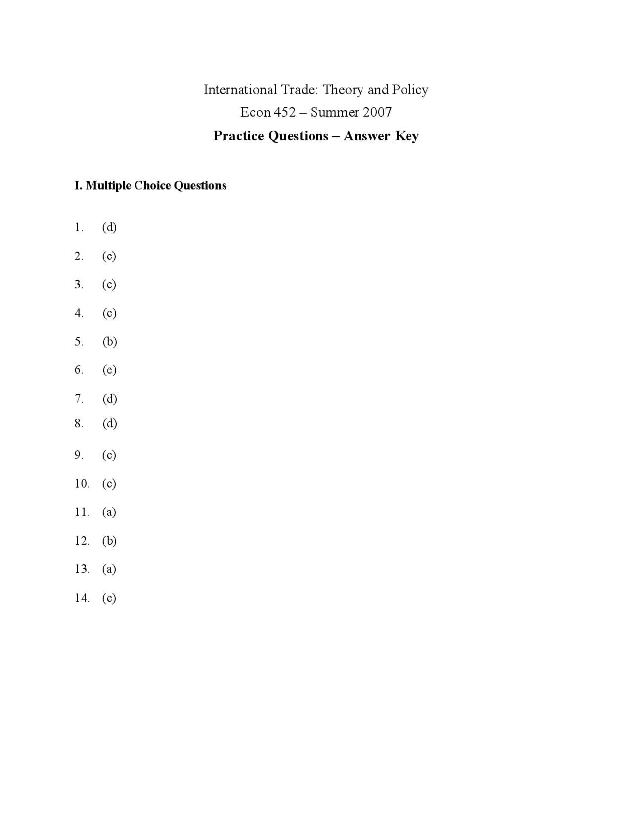 Practice Questions with Answer Key - International Trade: Theory and ...