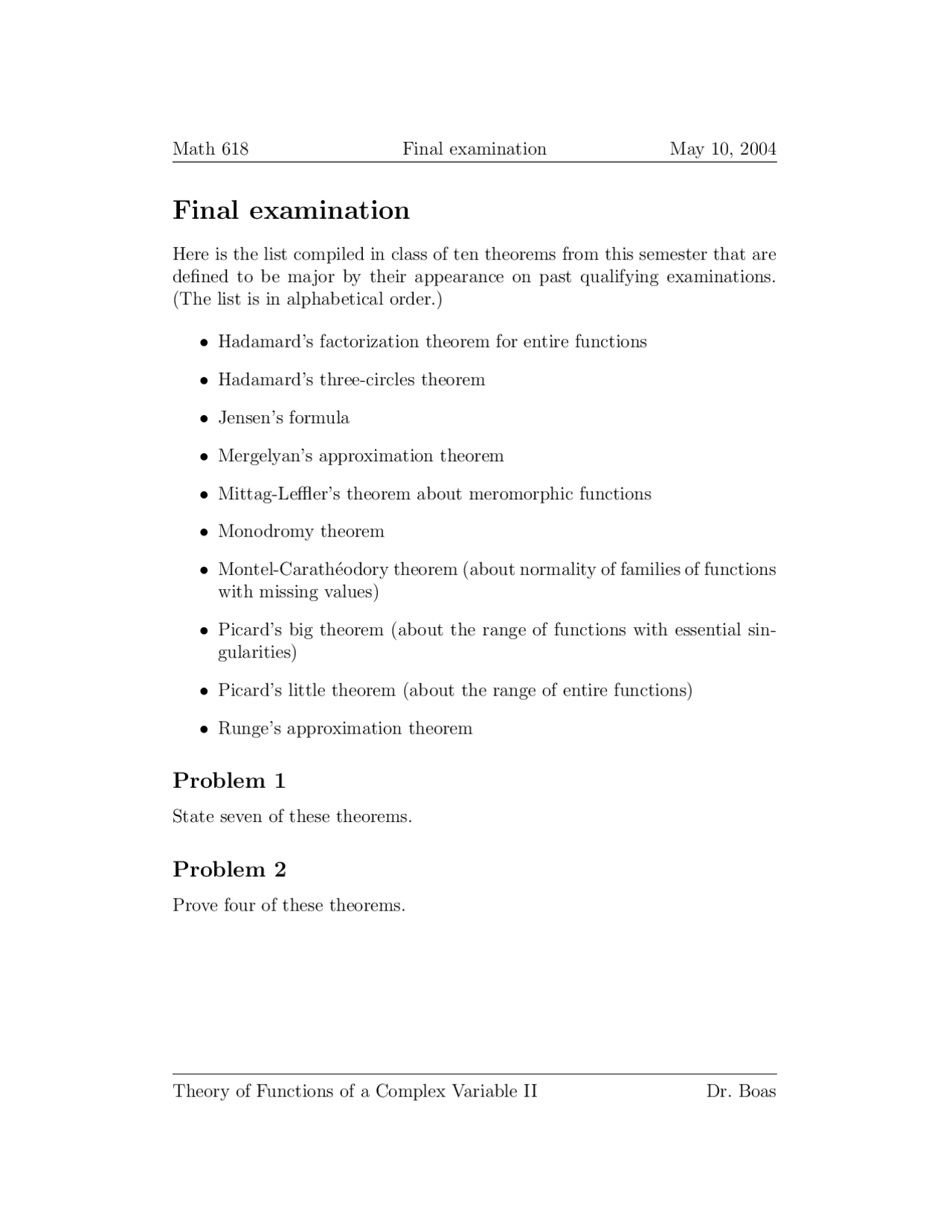 Sample Final Examination Complex Variables Ii Math 618 Docsity
