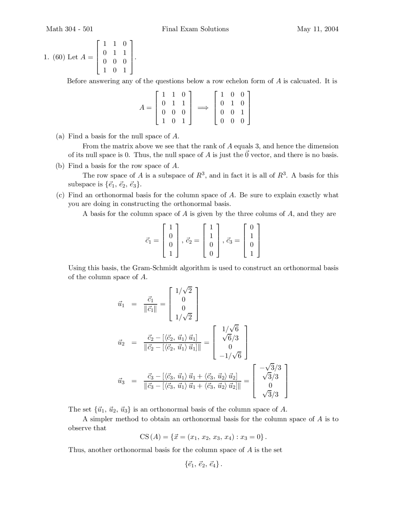 Final Exam With Solutions Linear Algebra Math 304 Docsity