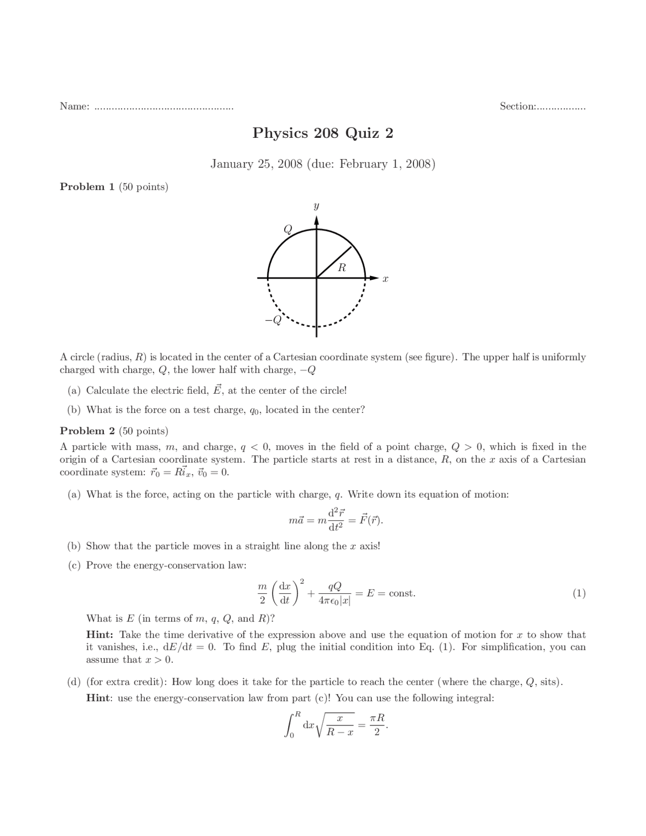2 Problems In Quiz 2 On Electric Field In Electricity And Optics Phys