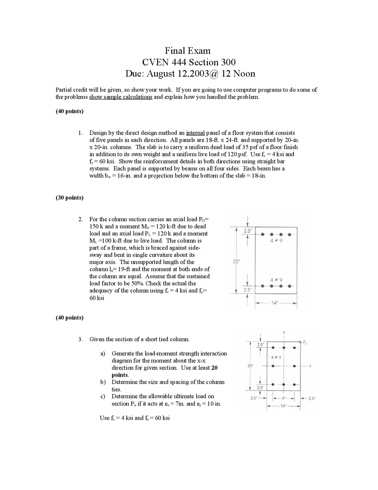 Final Exam Questions Structure Concrete Design Cven 444 Docsity