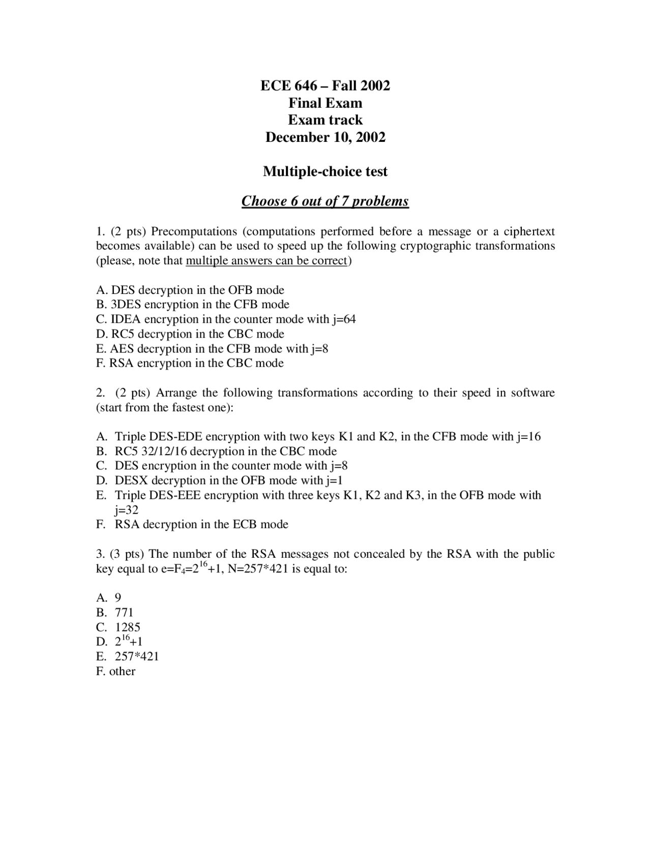 Final Exam Multiple Choice Test - 2002 | ECE 646 - Docsity