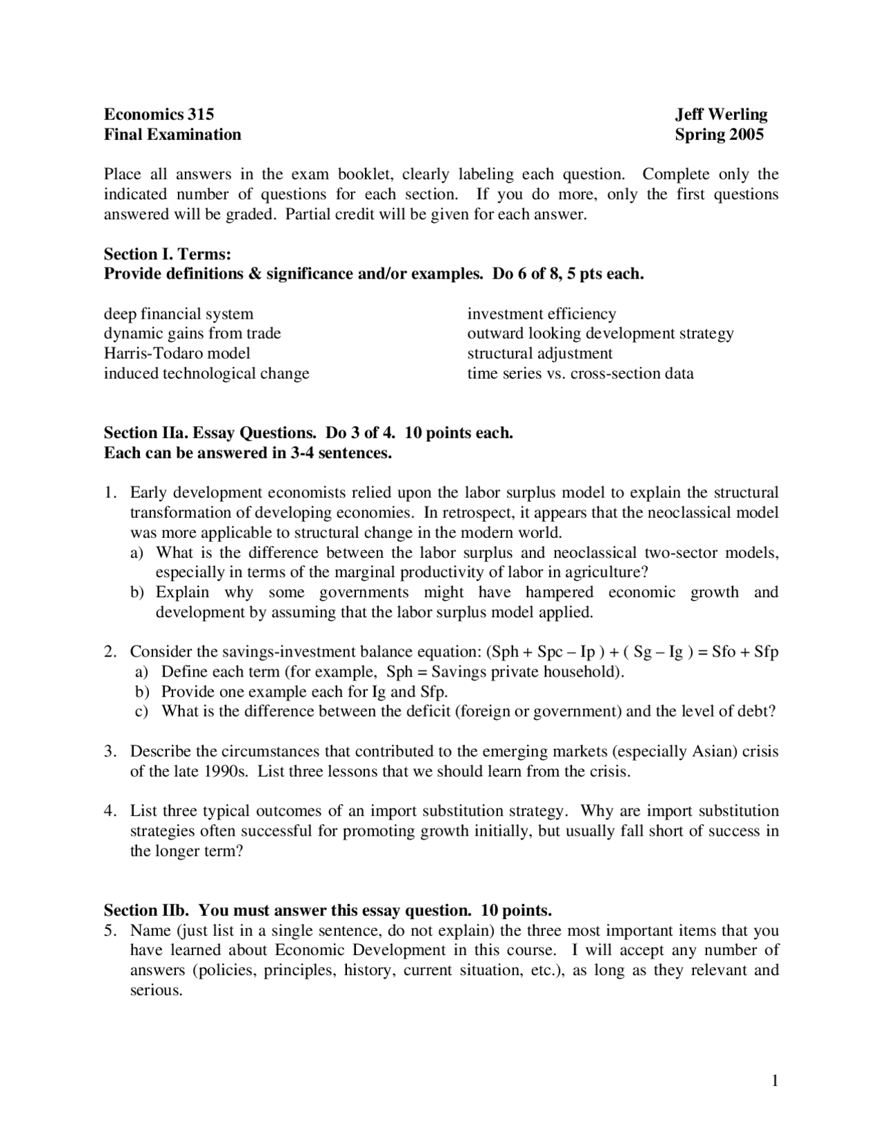 Final Exam With Questions Economic Development Econ 315 Exams