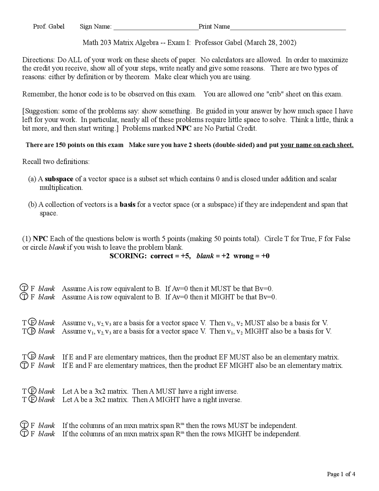 Exam 1 With Answer Key Linear Algebra Math 203 Docsity