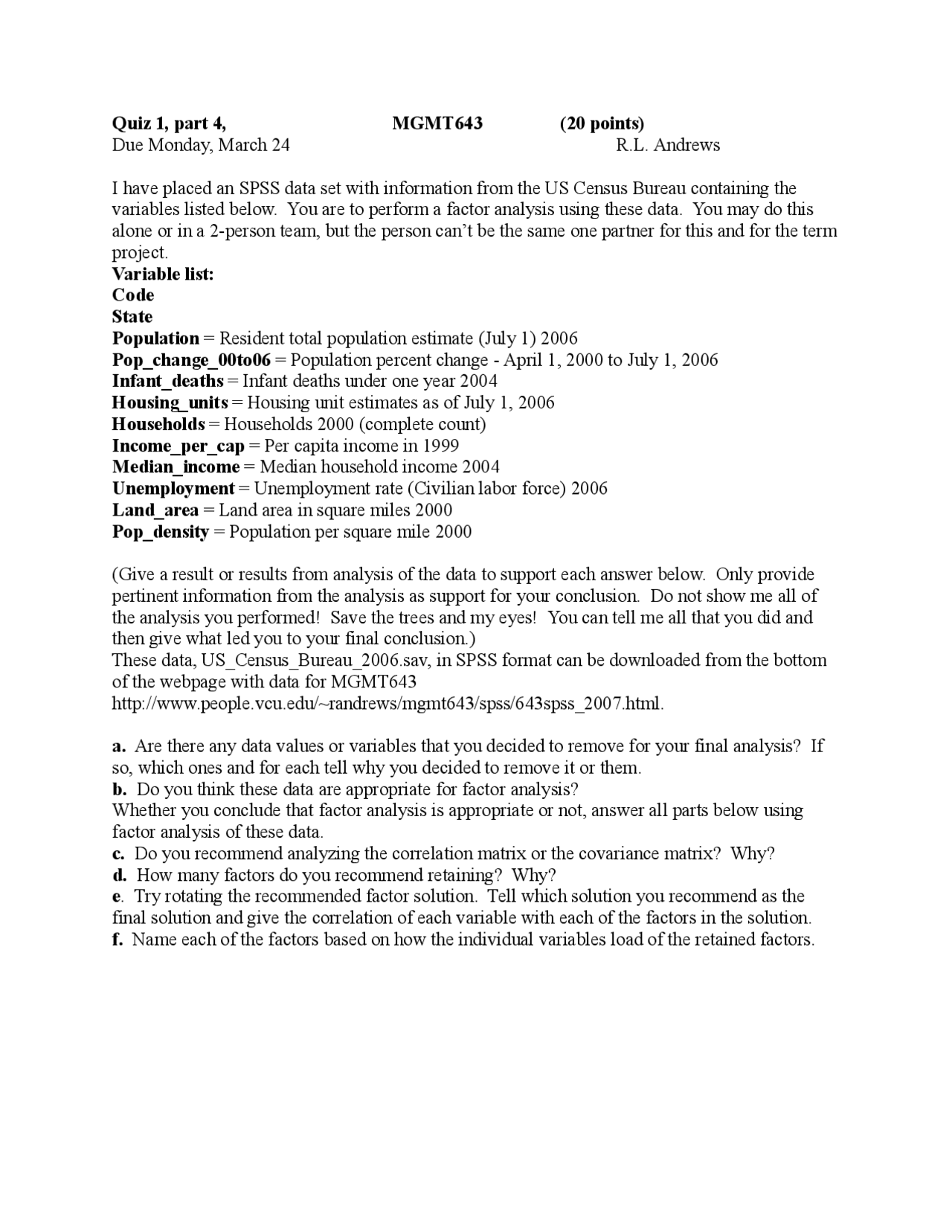 Quiz 1 on Applied Multivariable Methods - Fall 2006 | MGMT 643 - Docsity