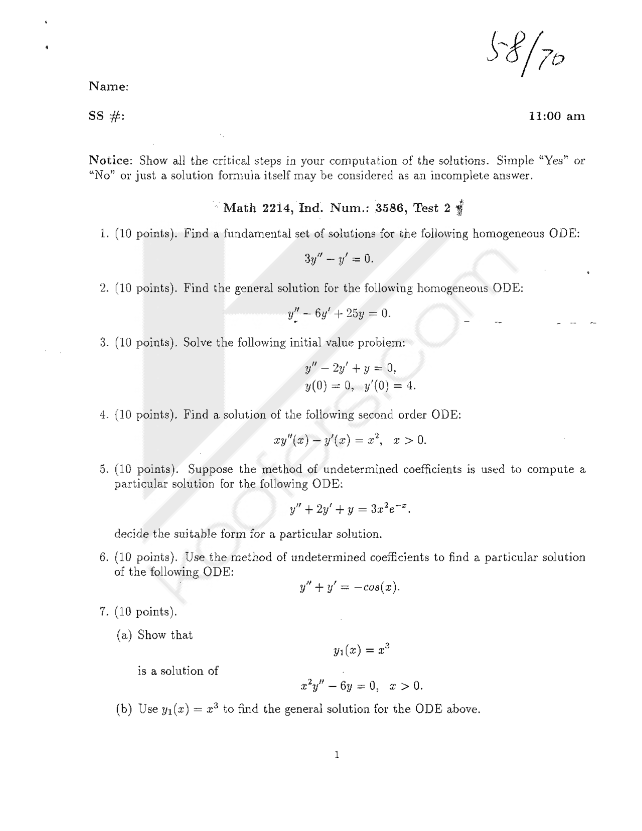 Introduction To Differential Equations Test 2 Math 2214 Exams