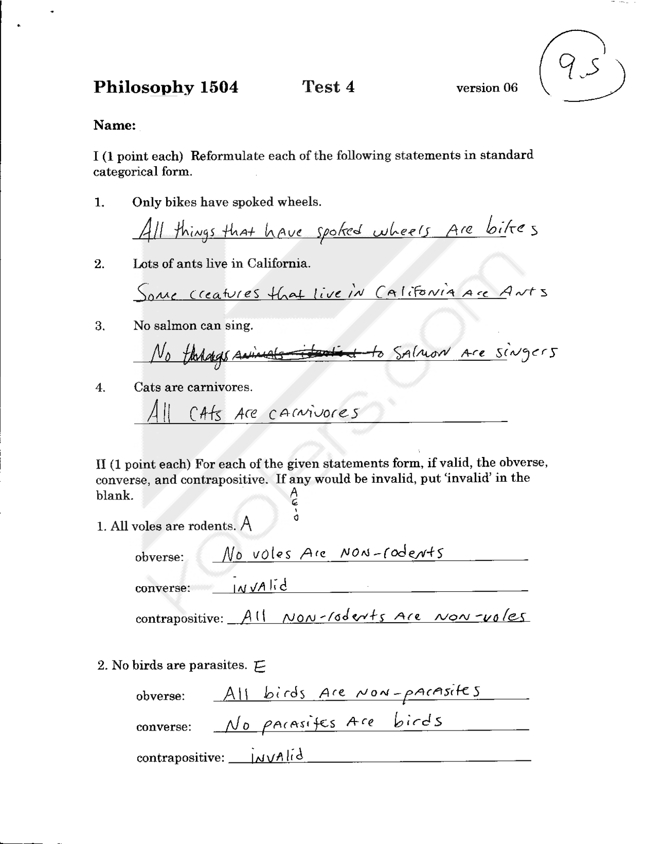 Test 4 Version 6 For Language And Logic Phil 1504 Docsity