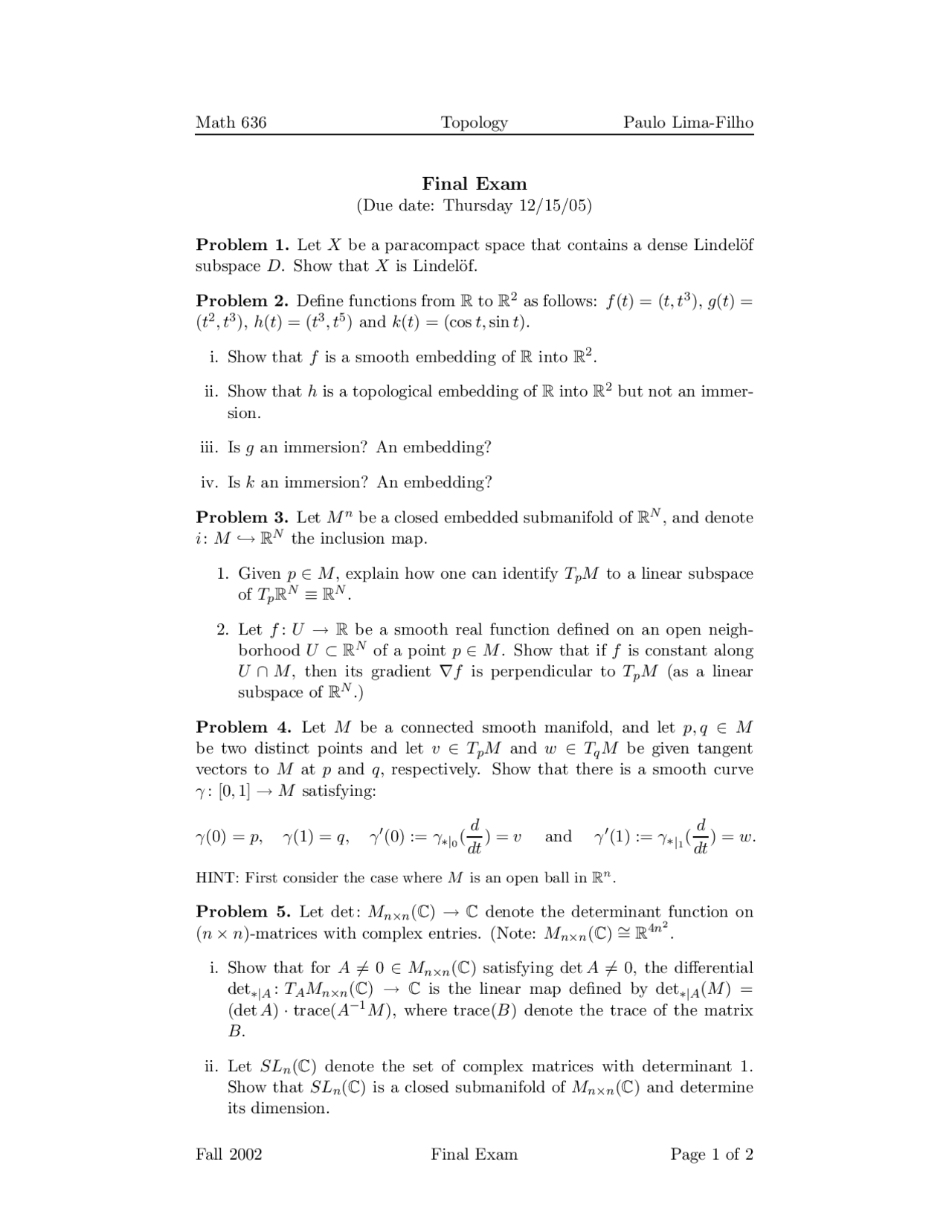 9 Problems For Topology I Final Examination Math 636 Docsity