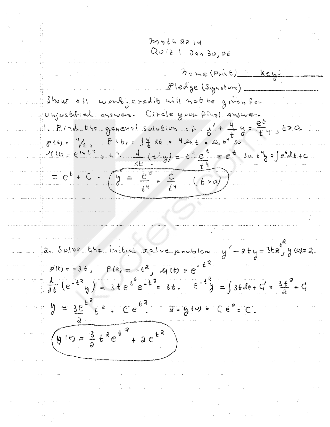 Quiz 1 Key Introduction To Differential Equations Math 2214 Docsity