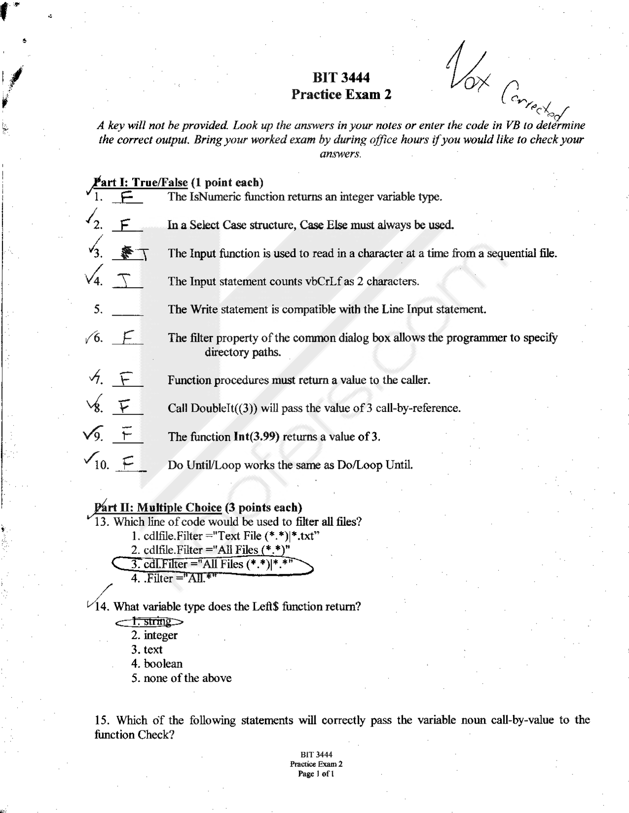 Practice Exam with Answer Key - Advanced Business Computer | BIT 3444 - Docsity