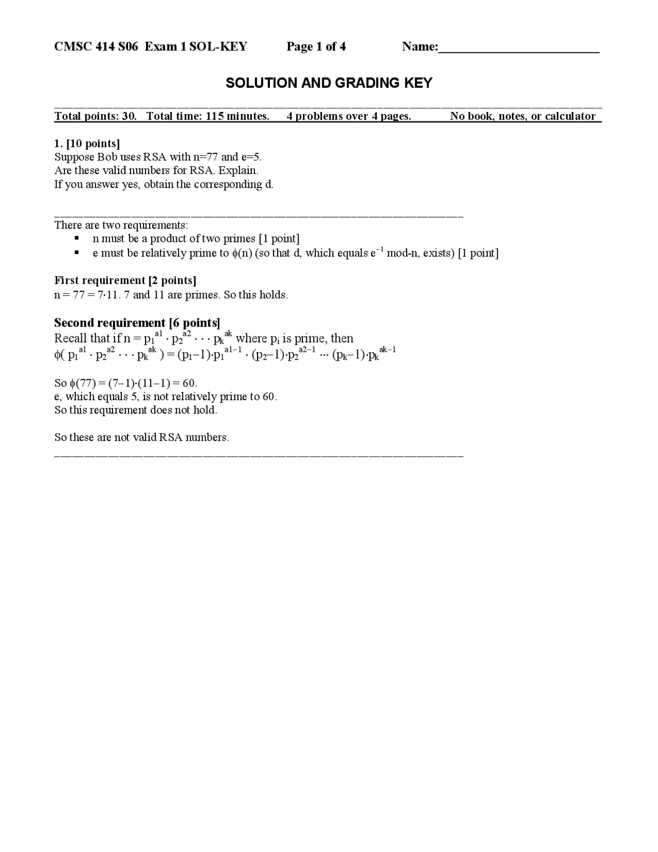 Solutions Of Exam 1 Computer And Networks Security Cmsc 414 Docsity