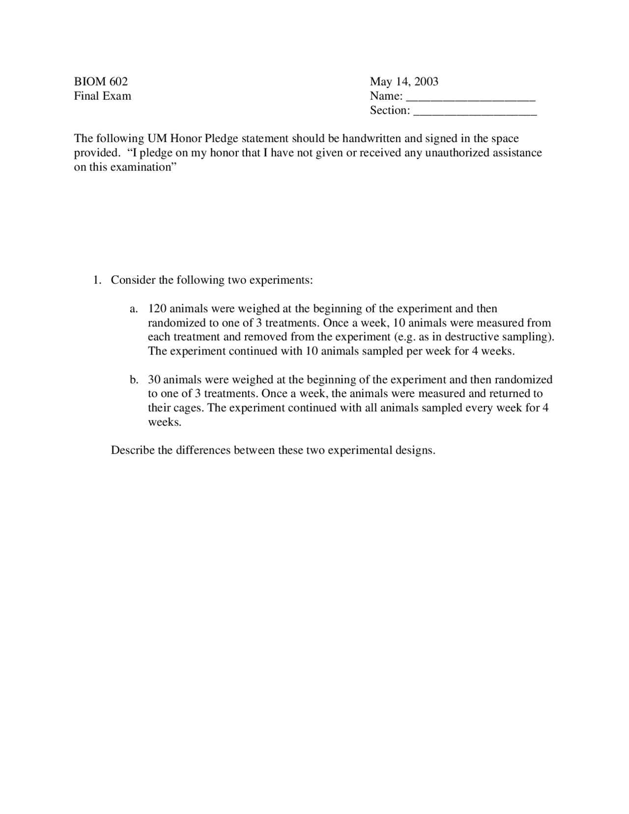 Biostatistics Ii Final Exam 2003 Biom 602 Docsity