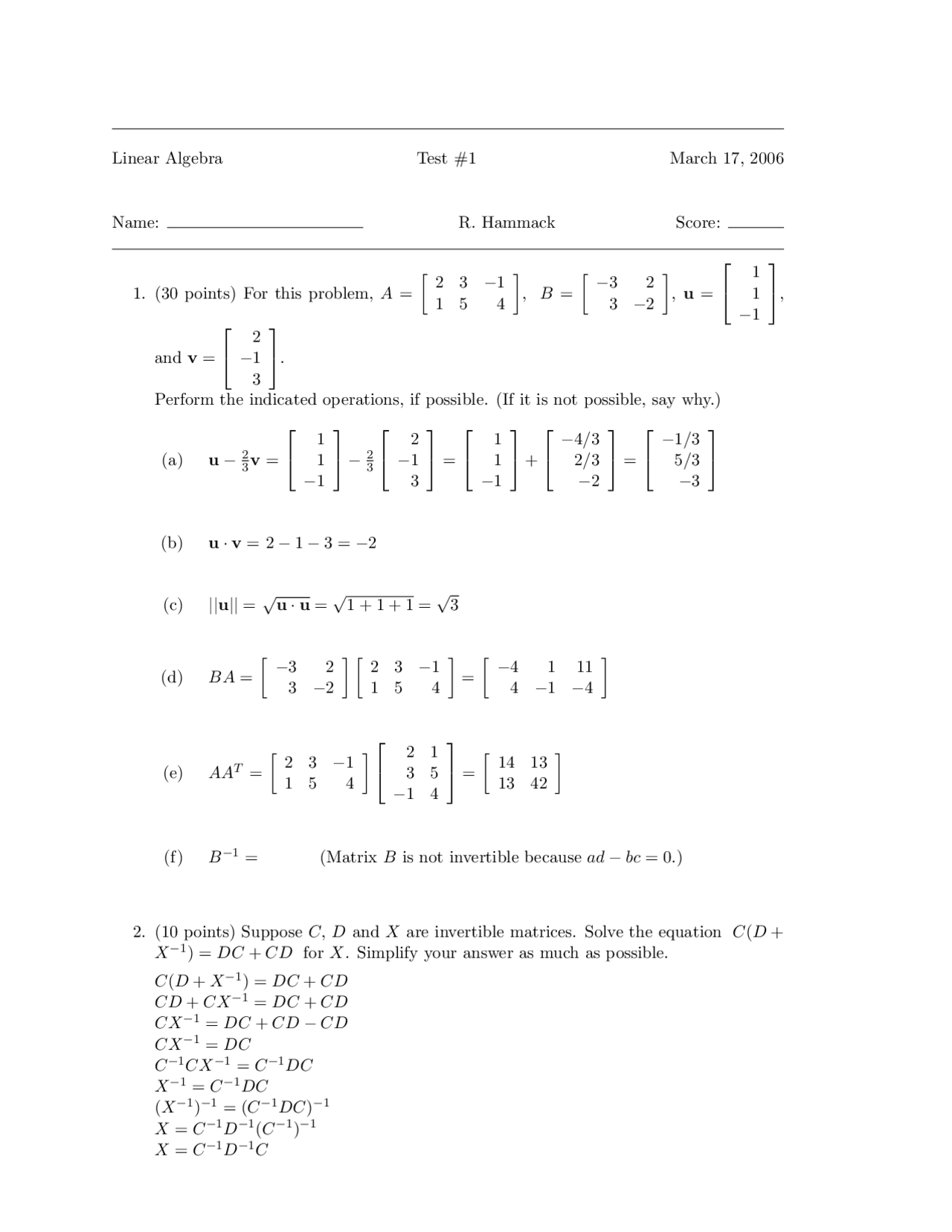 Test 1 with Solutions - Linear Algebra | MATH 310 - Docsity