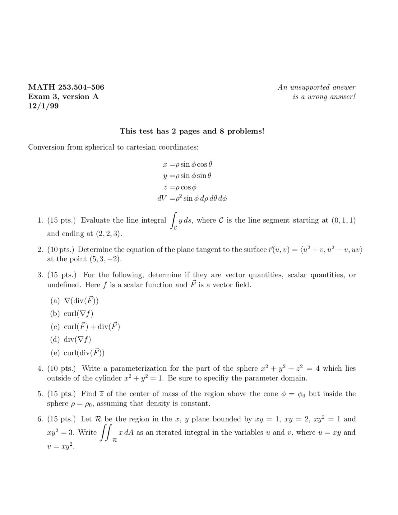 8 Problems Exam #3 - Engineering Mathematics III | MATH 253 - Docsity