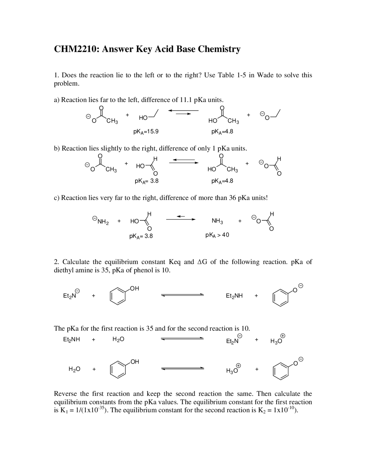 Answer Key for Acid Base Chemistry Reactions in CHM2210 | Study notes ...