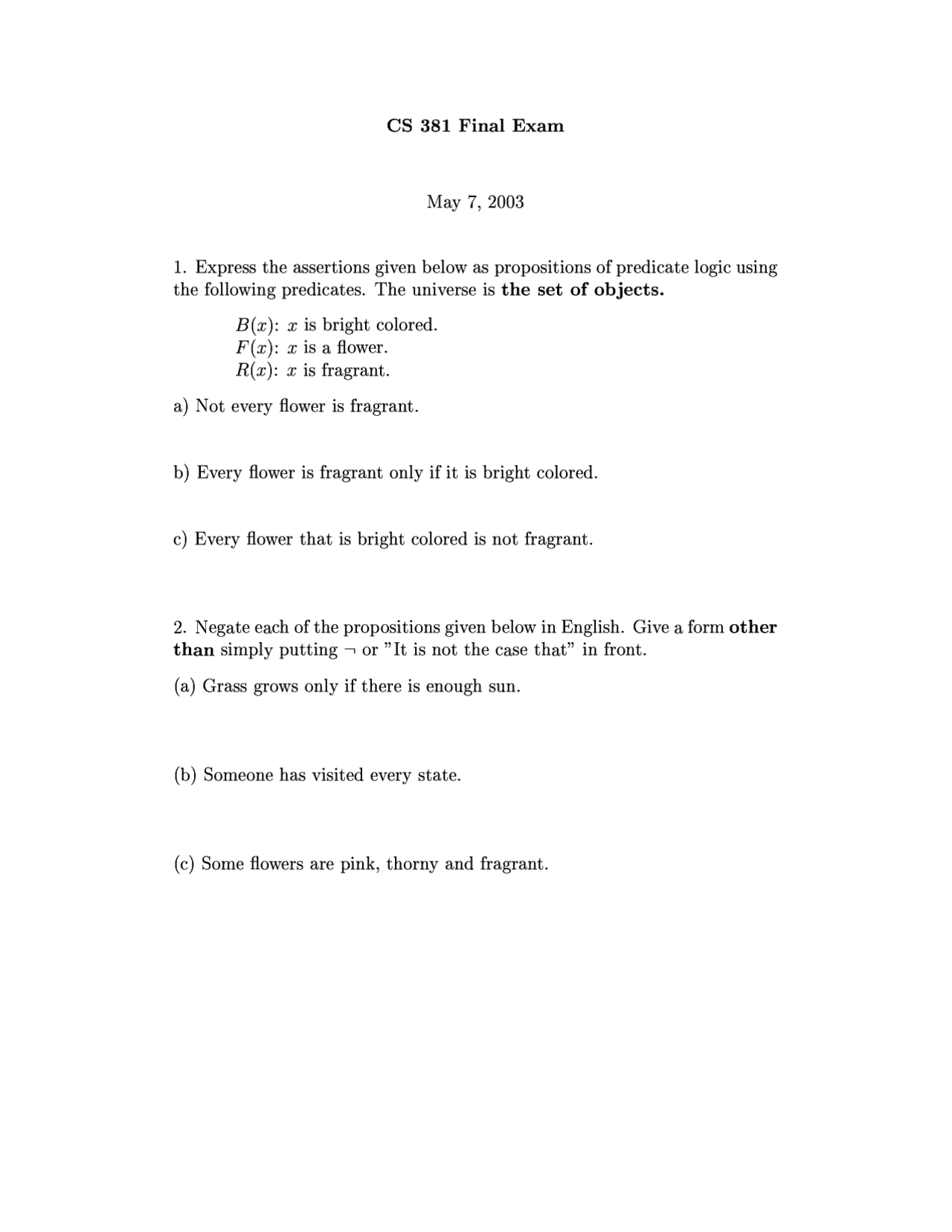 7 Questions On Discrete Structures Final Examination Fall 2003 Cs