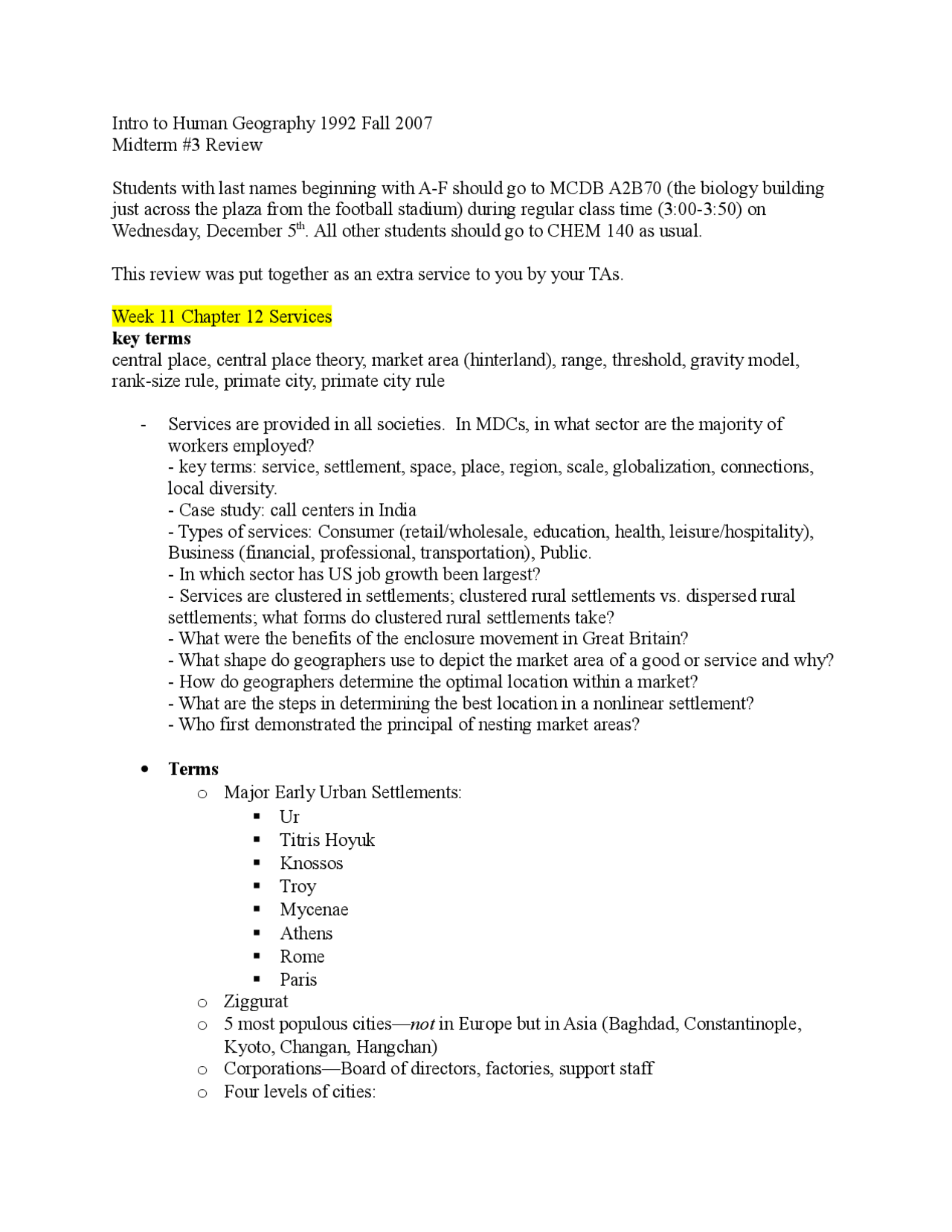 Midterm 3 Review For Introduction To Human Geography Geog 1992 Docsity