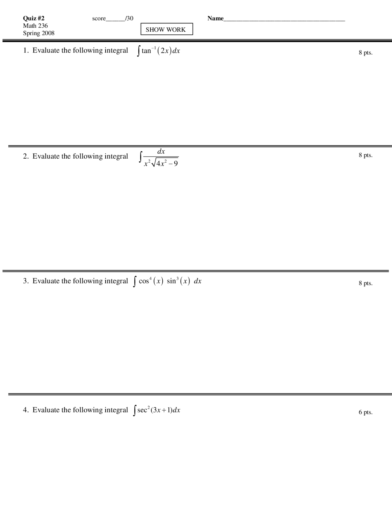 Quiz 2: Integration Problems | Quizzes Calculus | Docsity