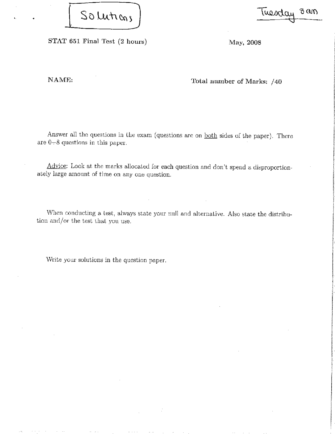 Statistics In Research I Solutions For Final Test Fall 2008 Stat