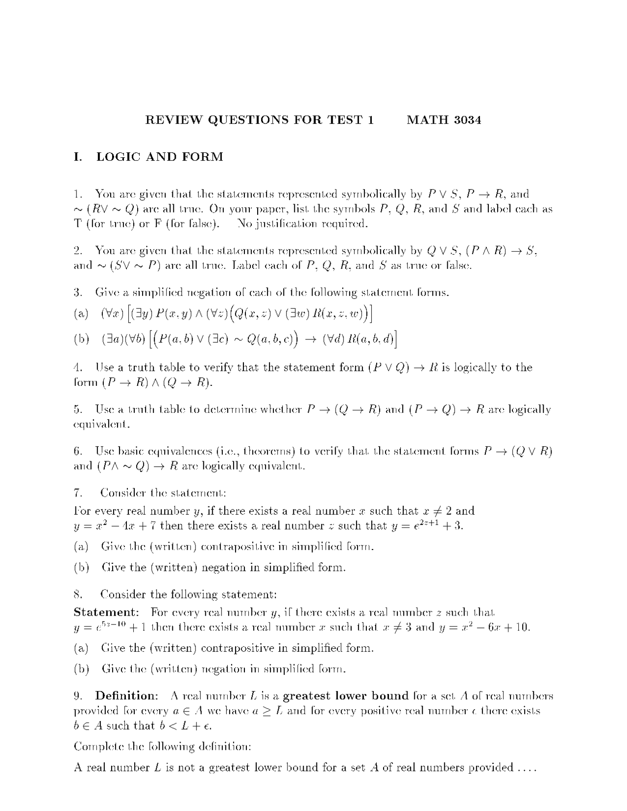 Logic And Form In Introduction Review Sheet Math 3034 Docsity