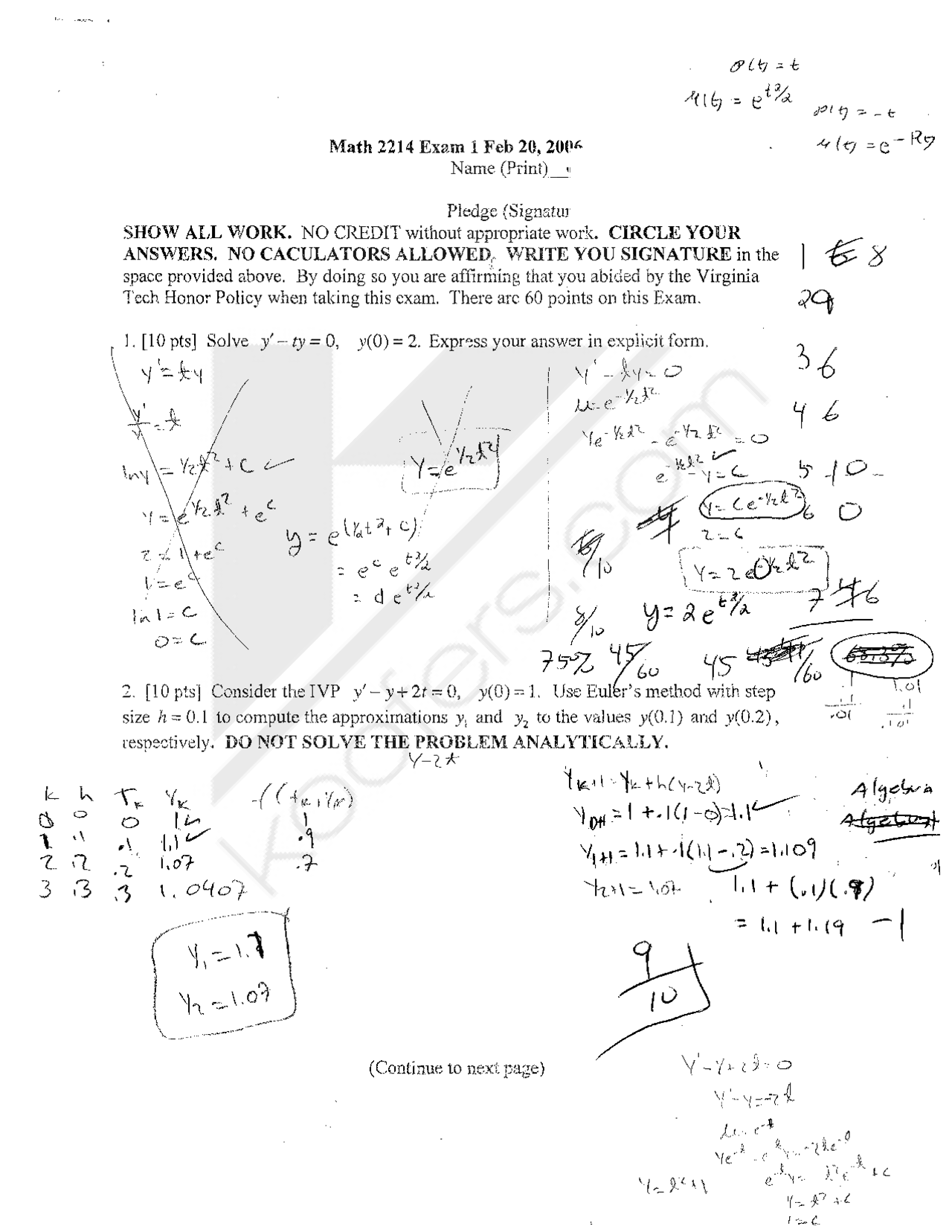 Exam 1 For Introduction Differential Equations Math 2214 Docsity