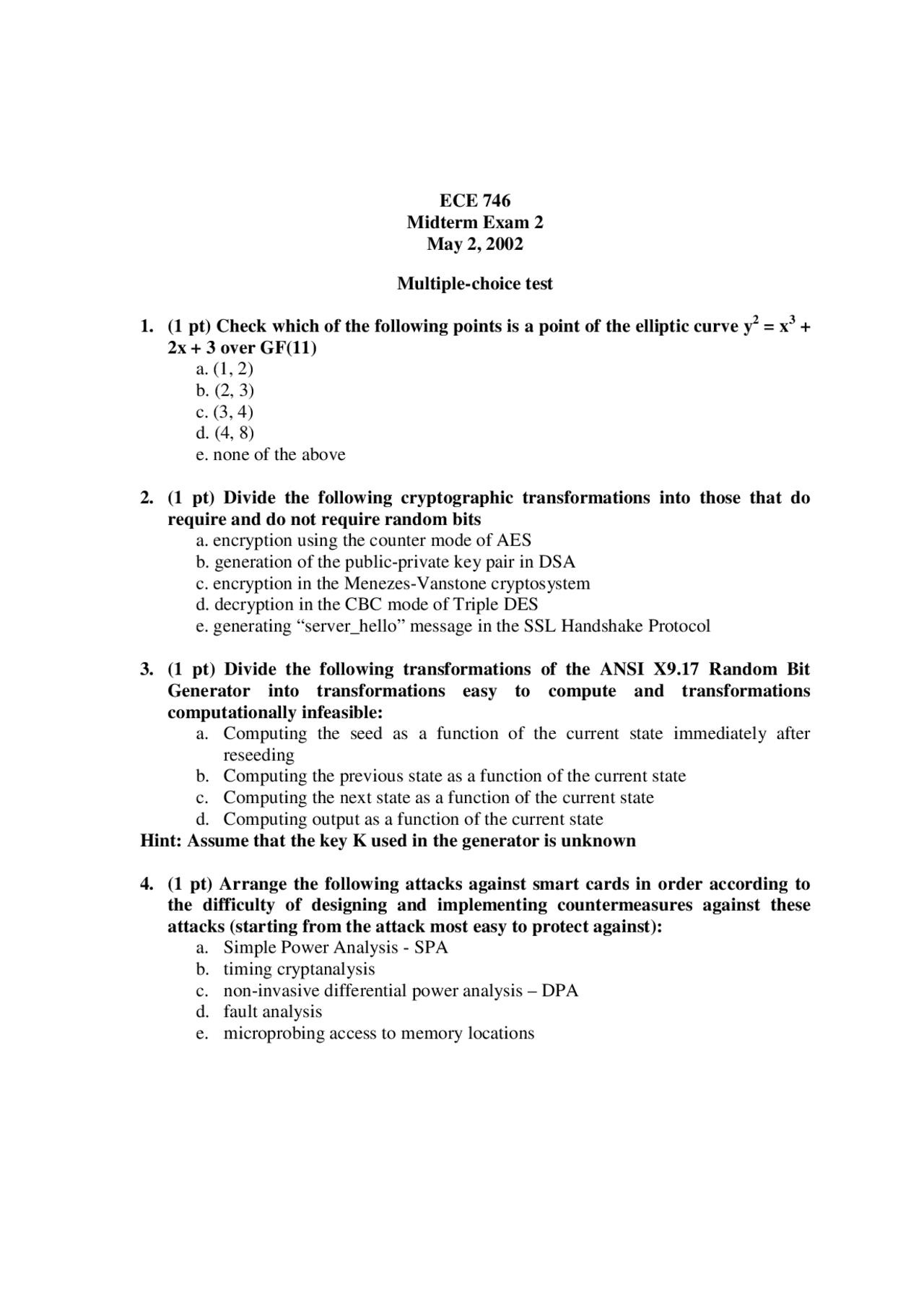 Multiple Choice Questions Exam 2 Advanced Applied Cryptography Ece