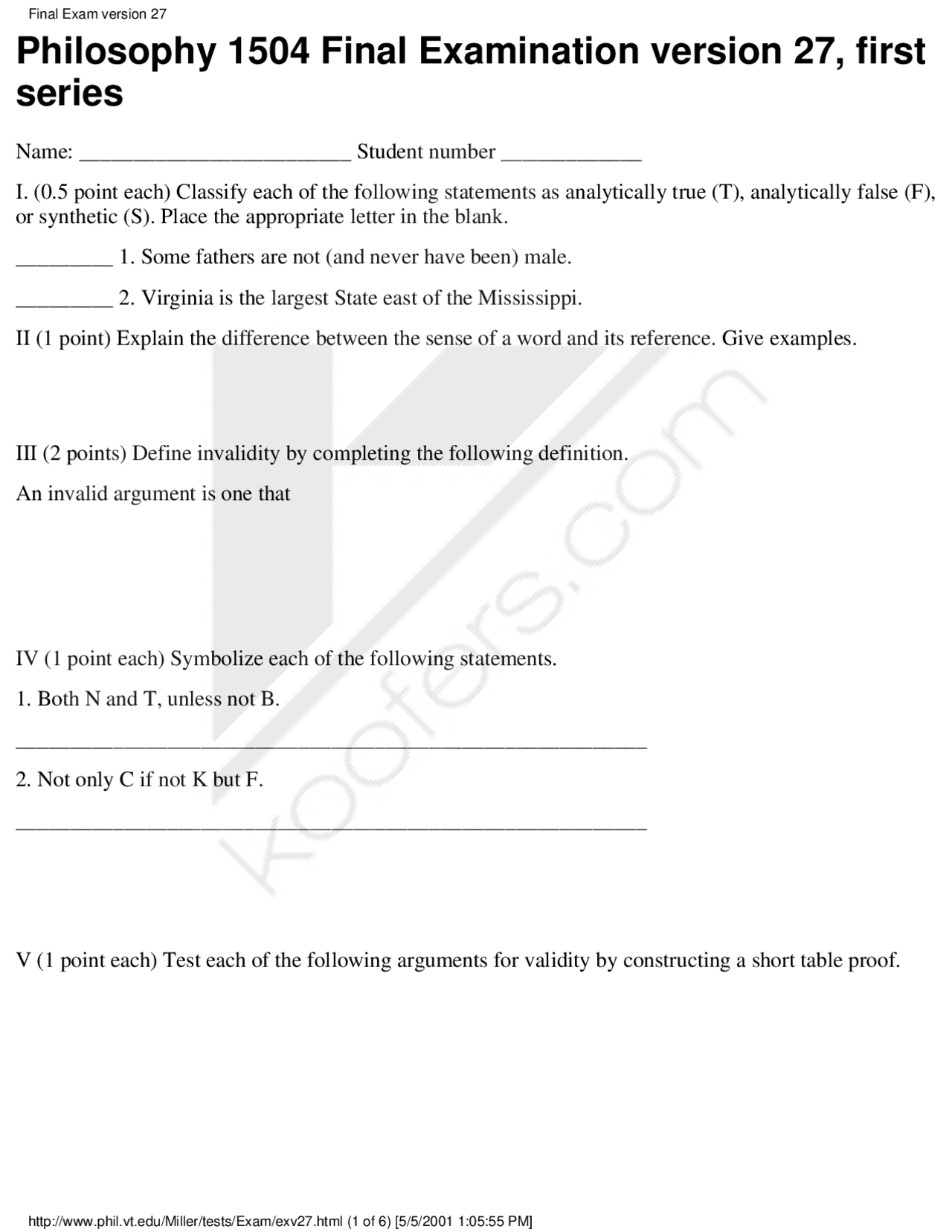 Unsolved Final Exam Language And Logic Phil 1504 Docsity