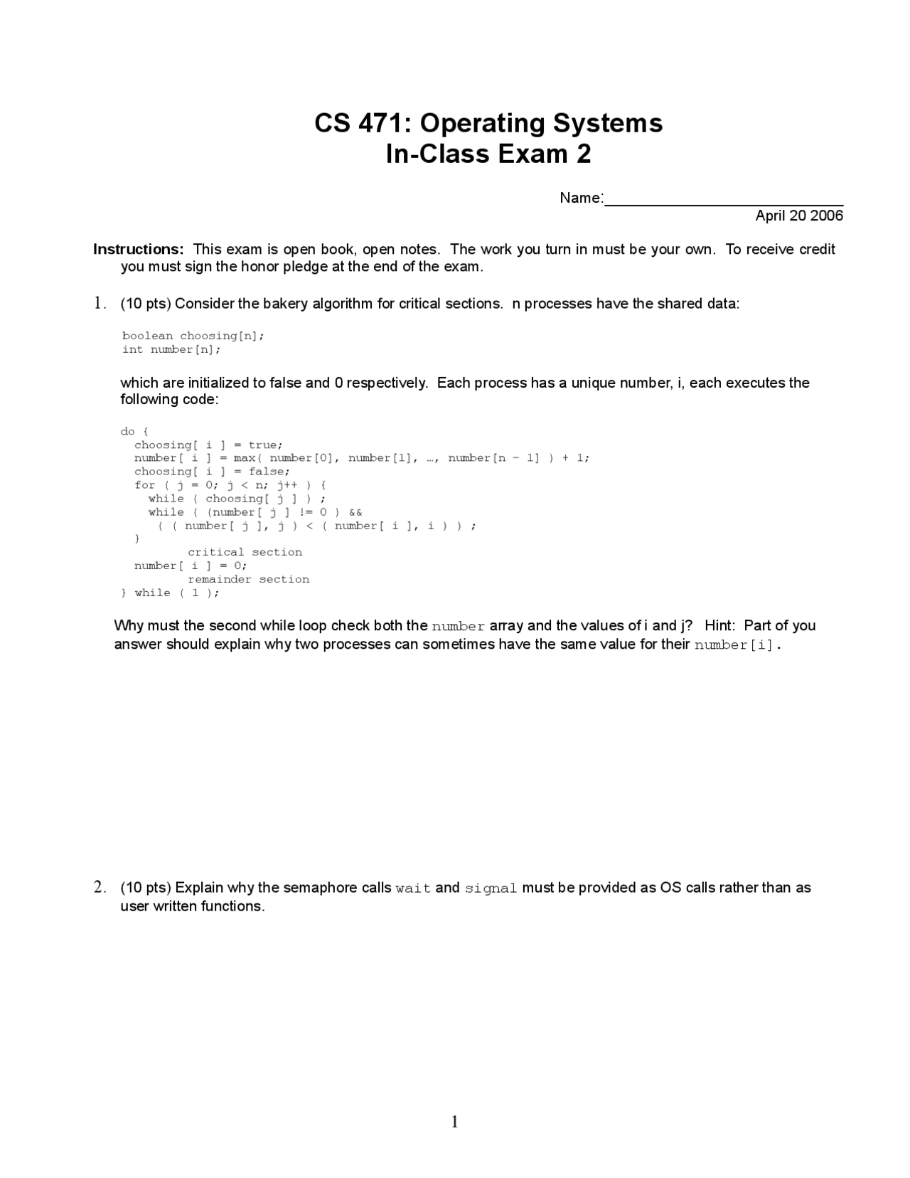 Exam 2 Operating System Computer Science Cs 999 Docsity