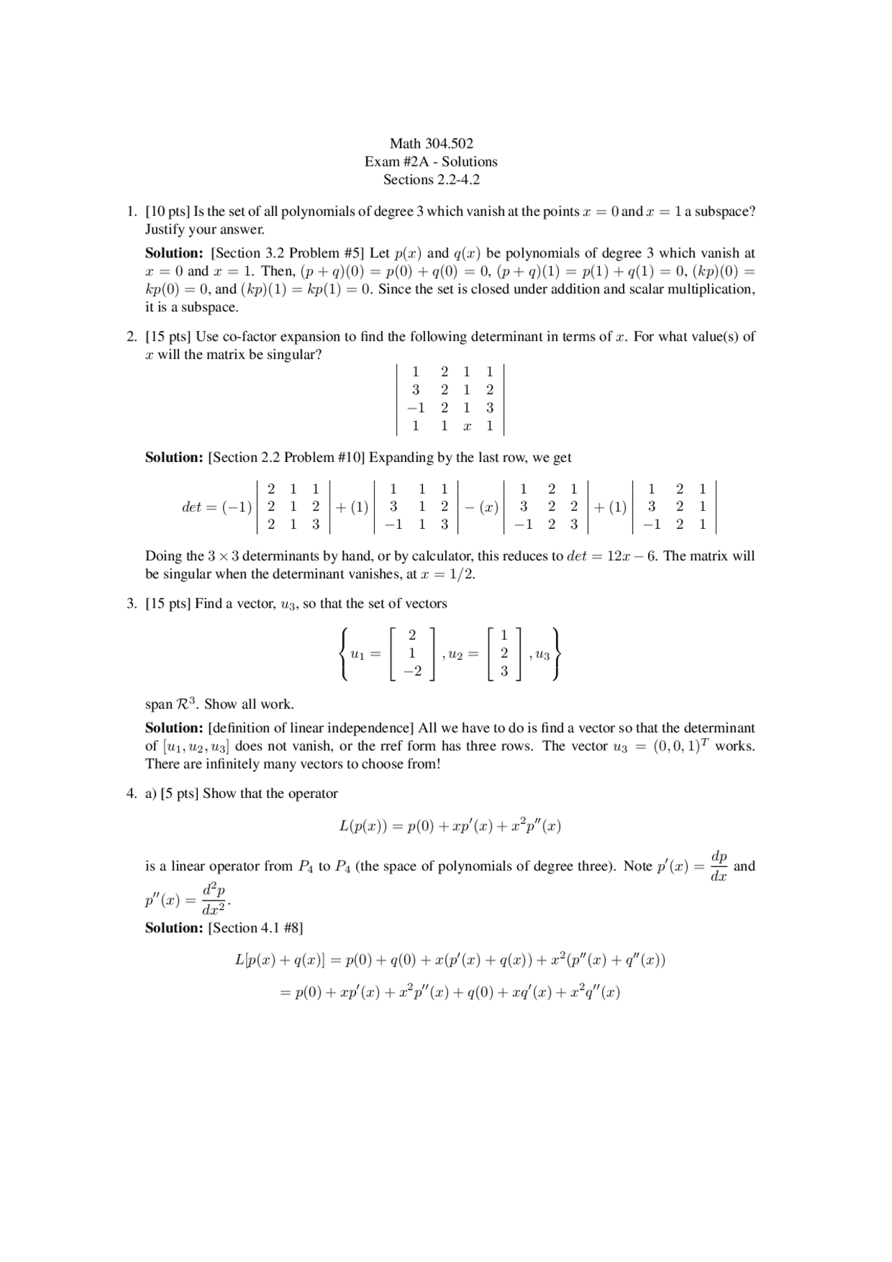 Exam 2A with Solutions - Linear Algebra | MATH 304 | Exams Linear Algebra | Docsity