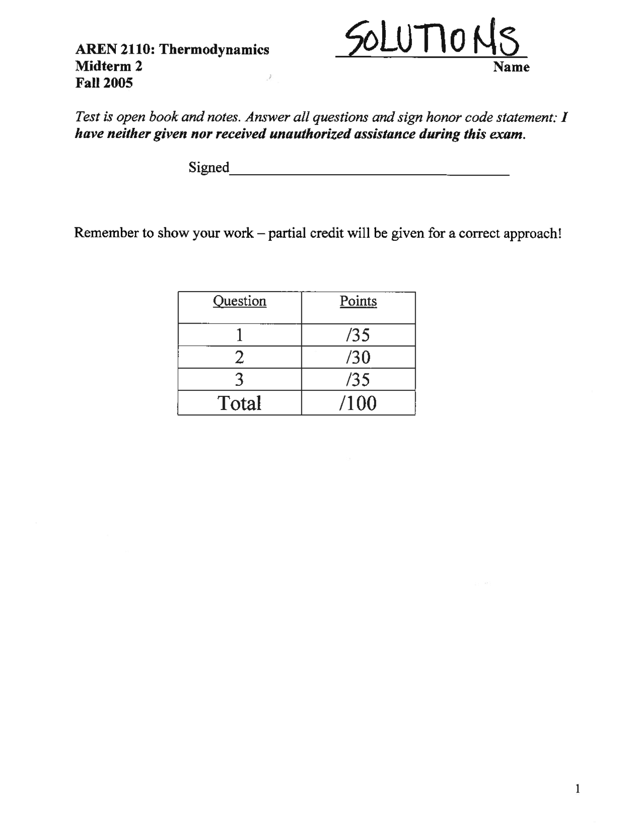 Solution Key For Midterm Exam 2 Thermodynamics Aren 2110 Docsity