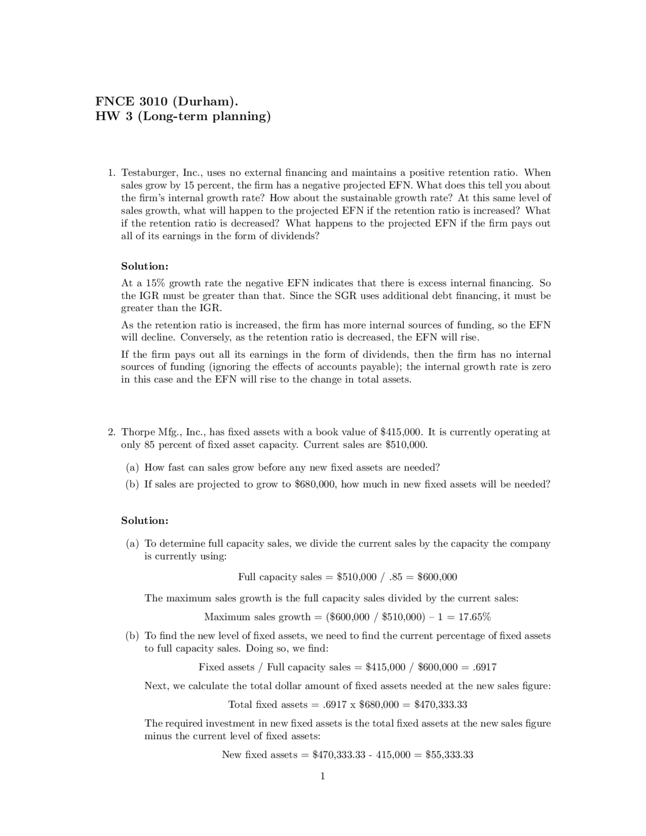 Homework 3 Questions With Solutions Corporate Finance Fnce 3010