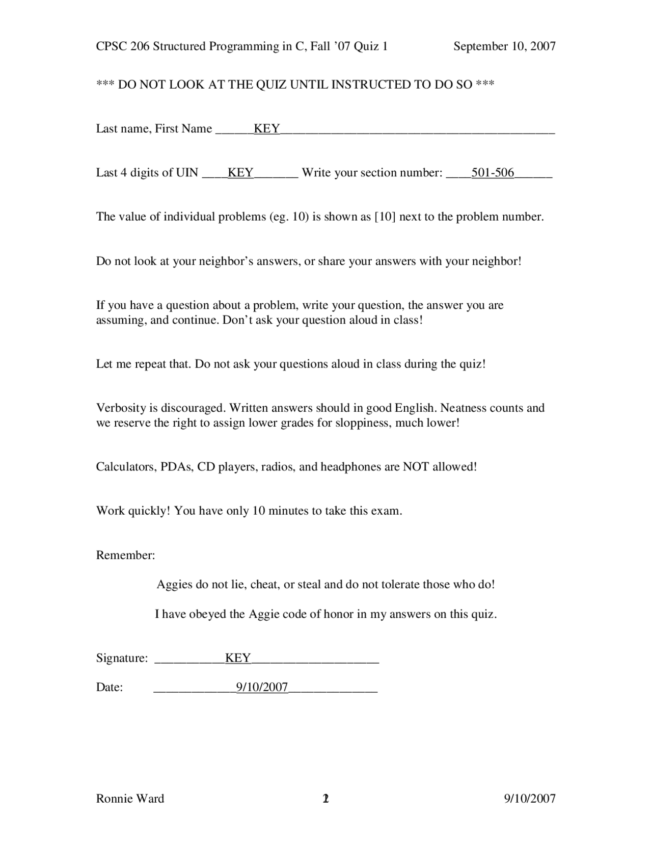 Solved Quiz I Structured Programming In C Cpsc 206 Docsity