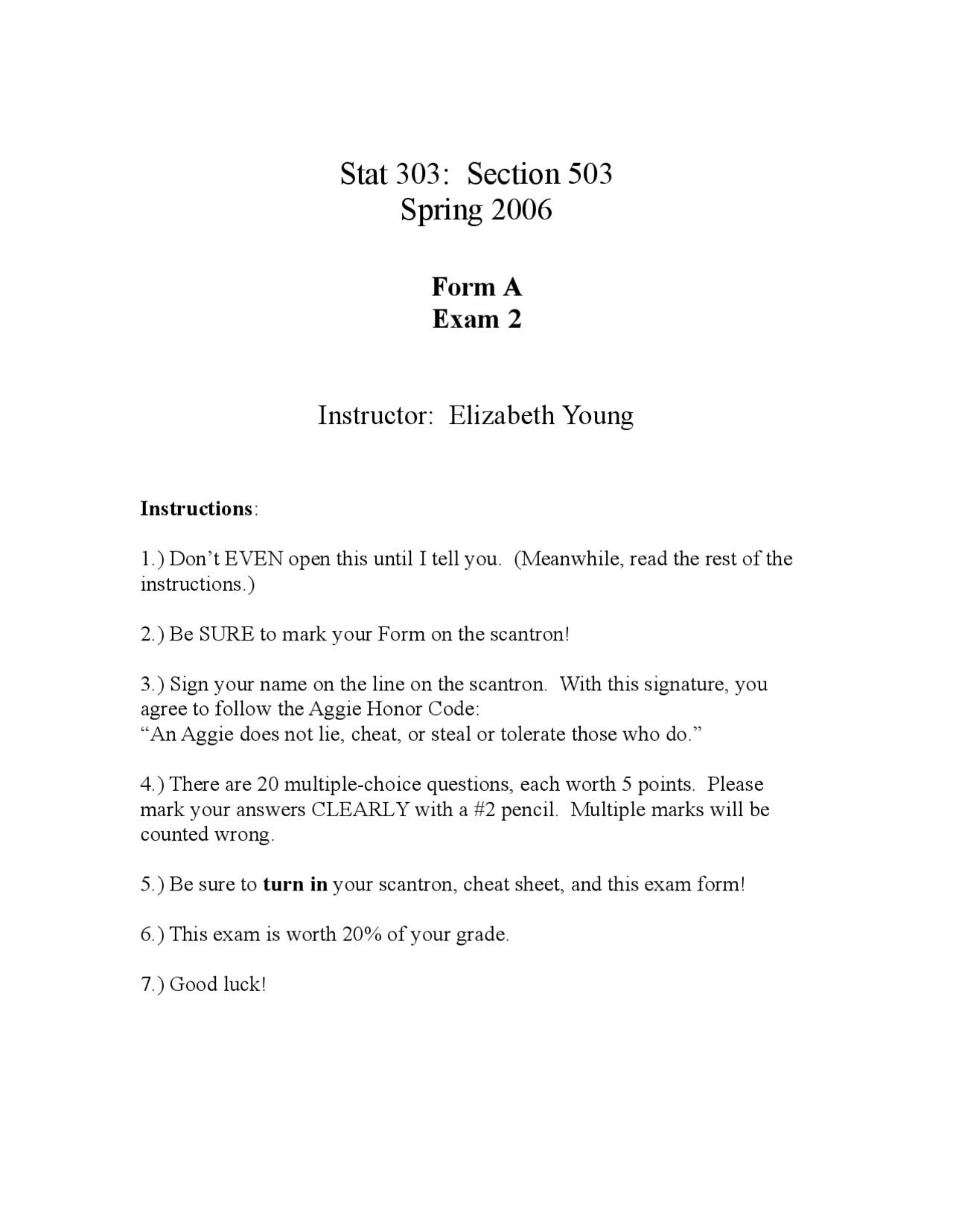 Exam 2a With Answer Key Statistical Methods Stat 303 Docsity