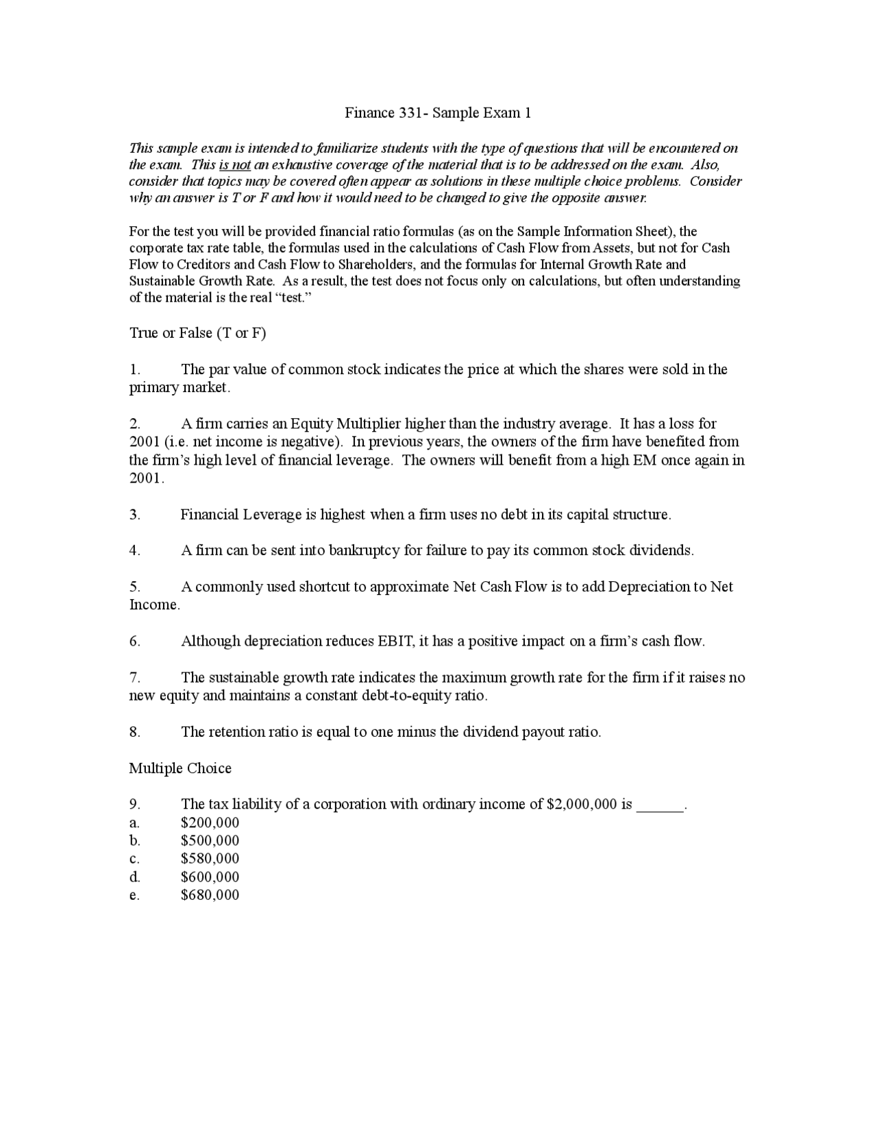 Sample Exam 1 For Introduction To Business Finance Finc 331 Docsity