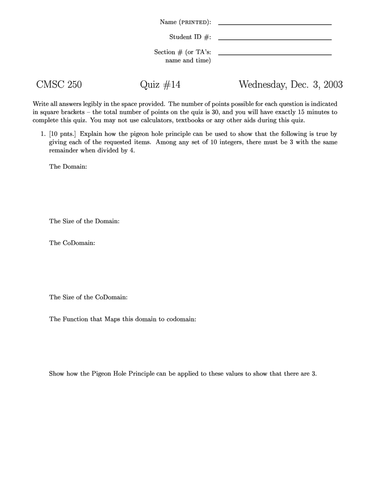 Sample Quiz 14 Discrete Structures Cmsc 250 Docsity